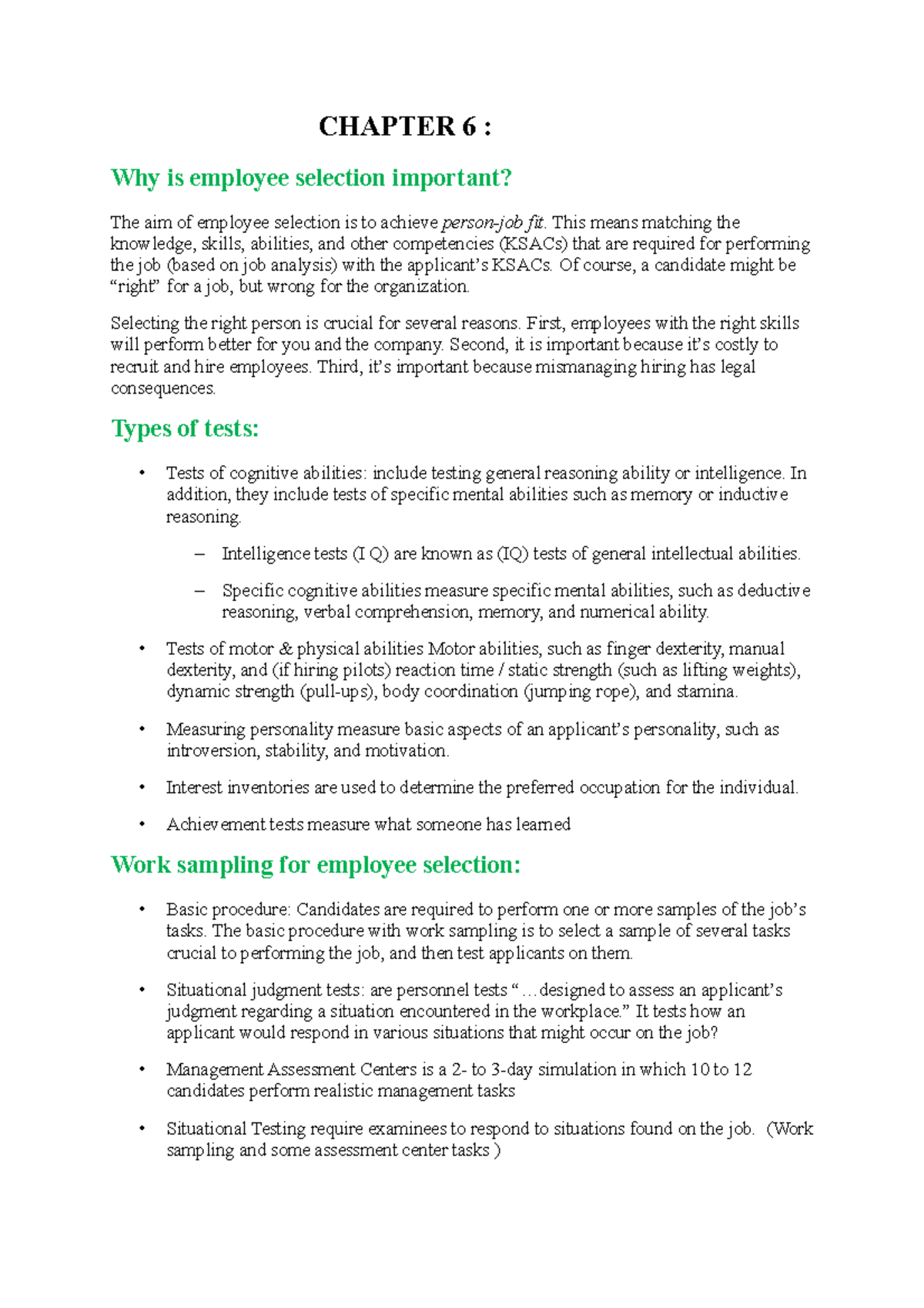 Chapter 6 HRM - Main points about employee selection - CHAPTER 6 : Why ...