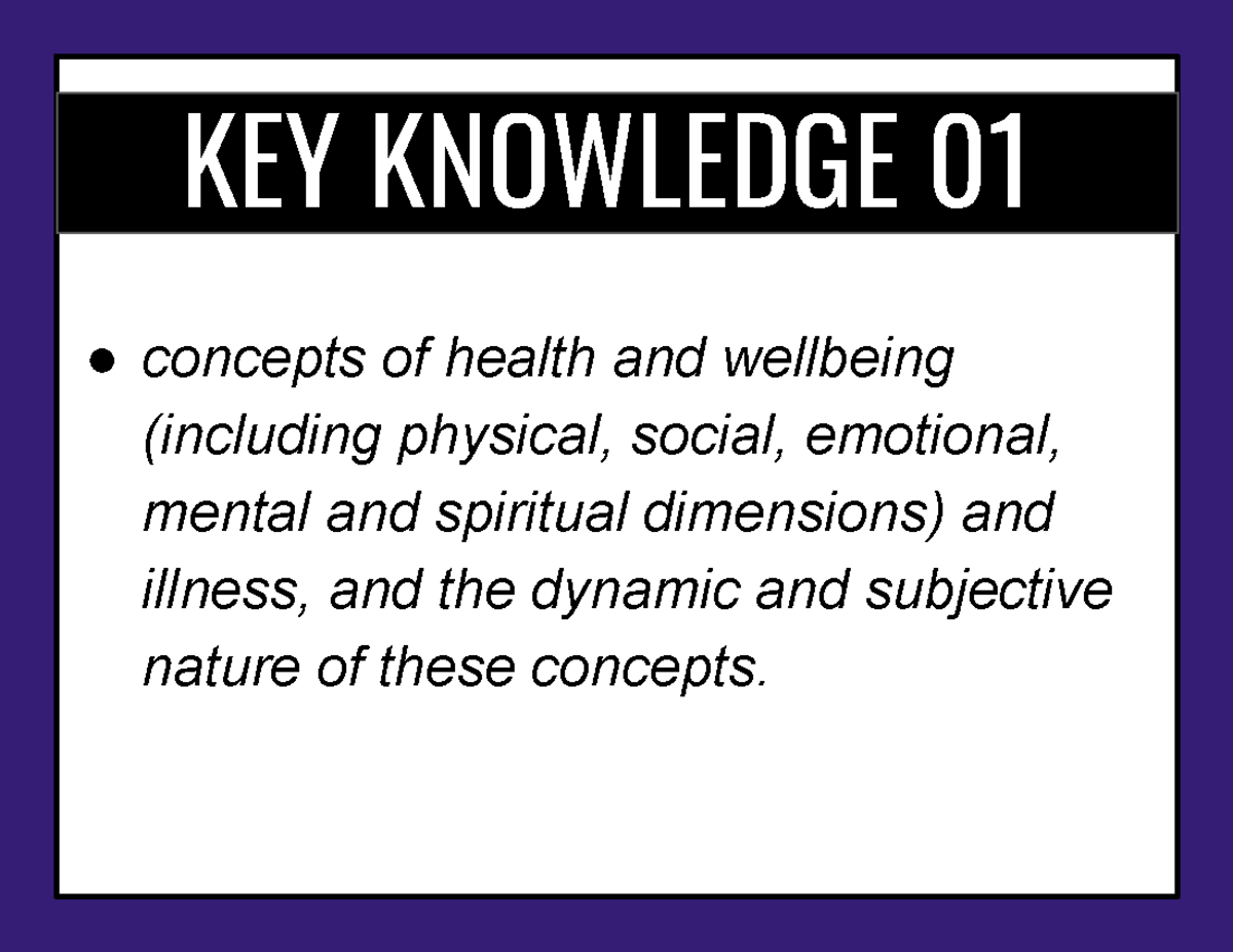 UNIT 3 CH 1 Key Knowledge 01 - KEY KNOWLEDGE 01 concepts of health and ...