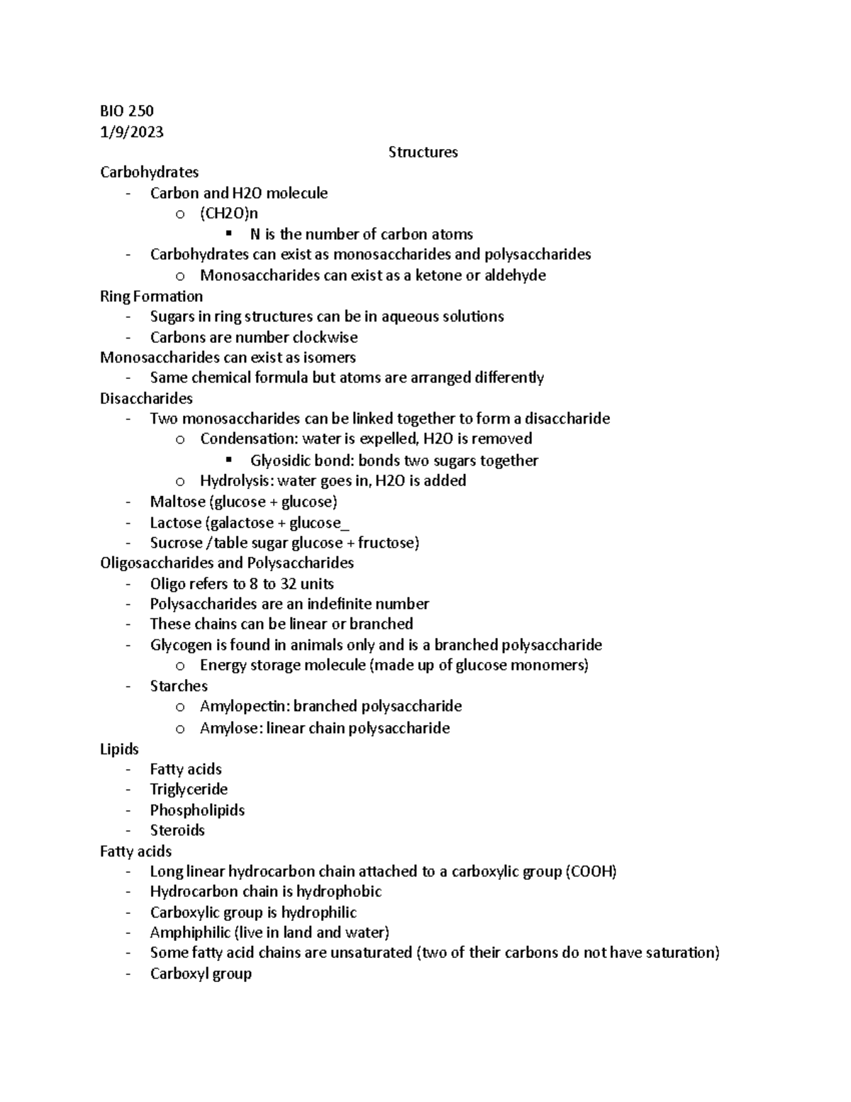 Structures - In class notes - BIO 250 1/9/ Structures Carbohydrates ...