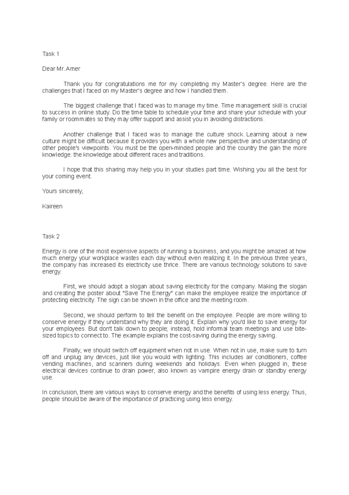 Eet - sample - Task 1 Dear Mr. Amer Thank you for congratulations me ...