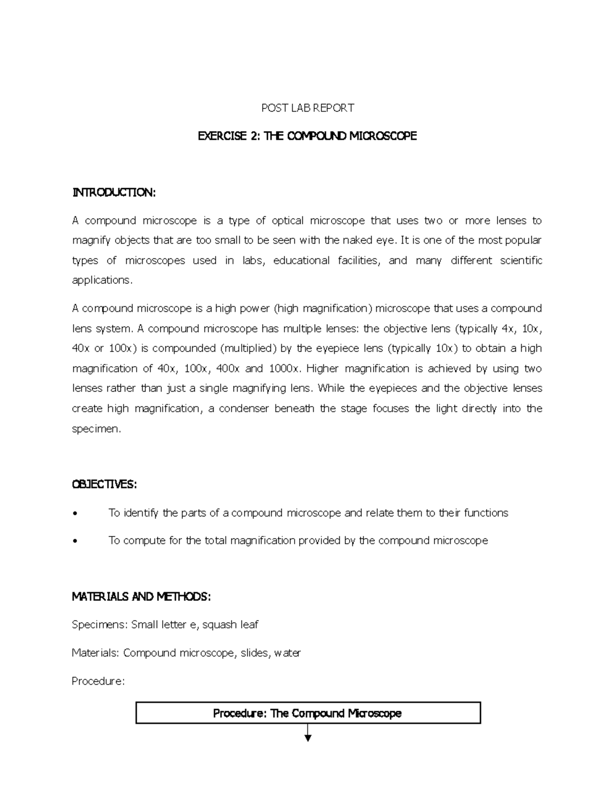 Post Lab Botany - POST LAB REPORT EXERCISE 2: THE COMPOUND MICROSCOPE ...