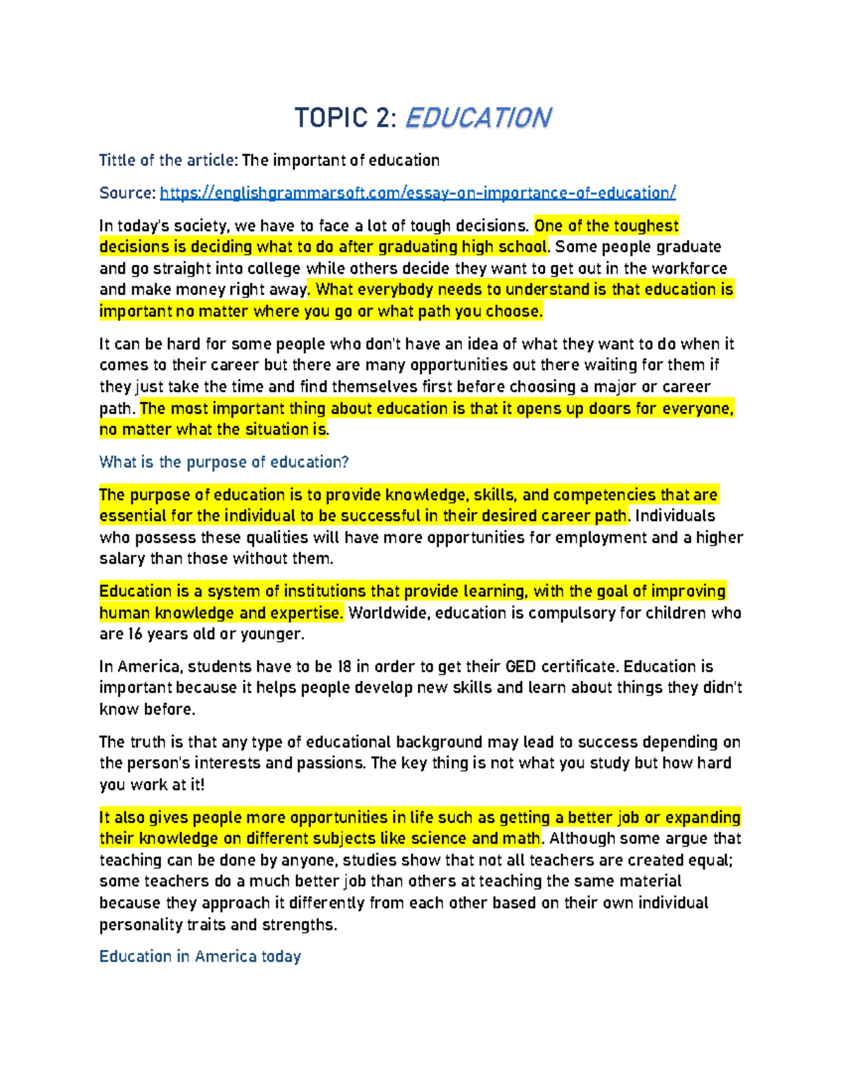 Topic 2 nhóm 4 e-magazine - TOPIC 2: EDUCATION Tittle of the article ...