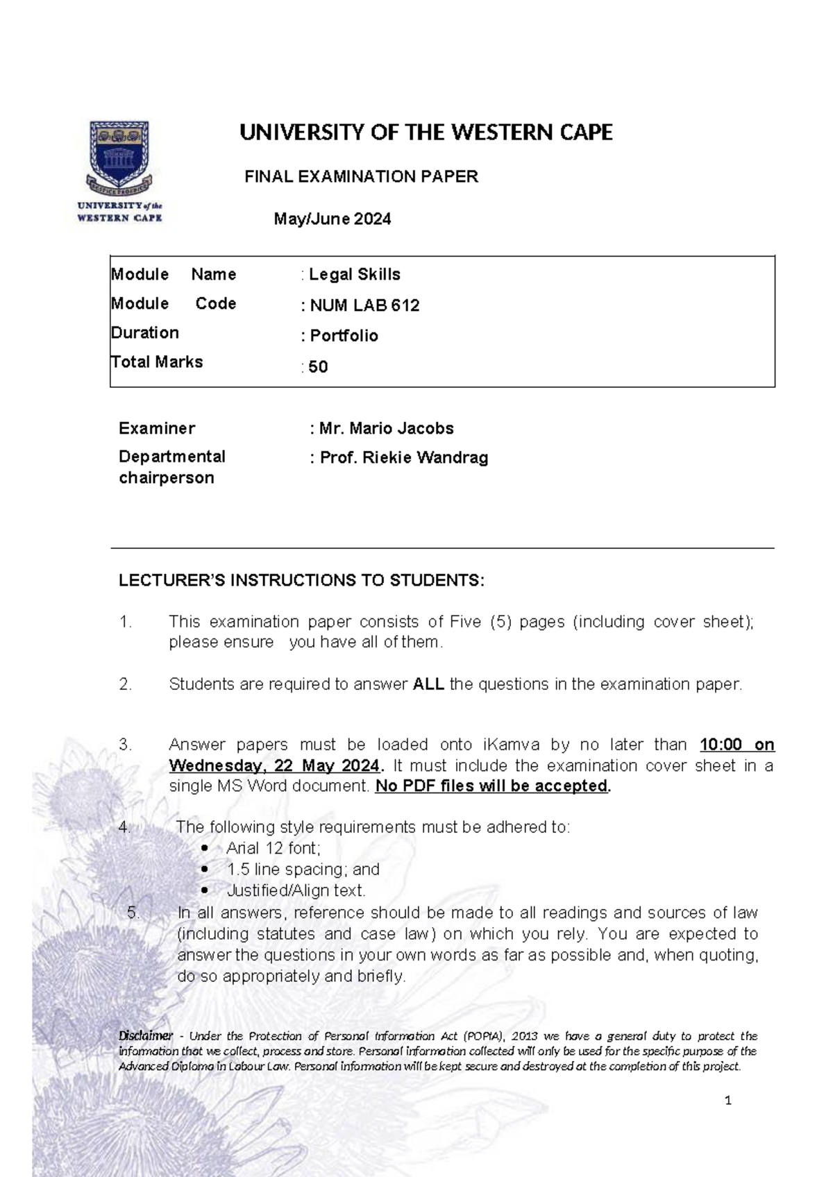 LAB 612 Final Assessment Examination 2024 - UNIVERSITY OF THE WESTERN ...