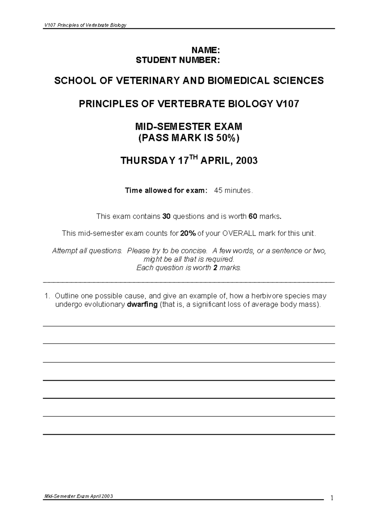 Mid Exam 2010, questions - V107 Principles of Vertebrate Biology NAME ...