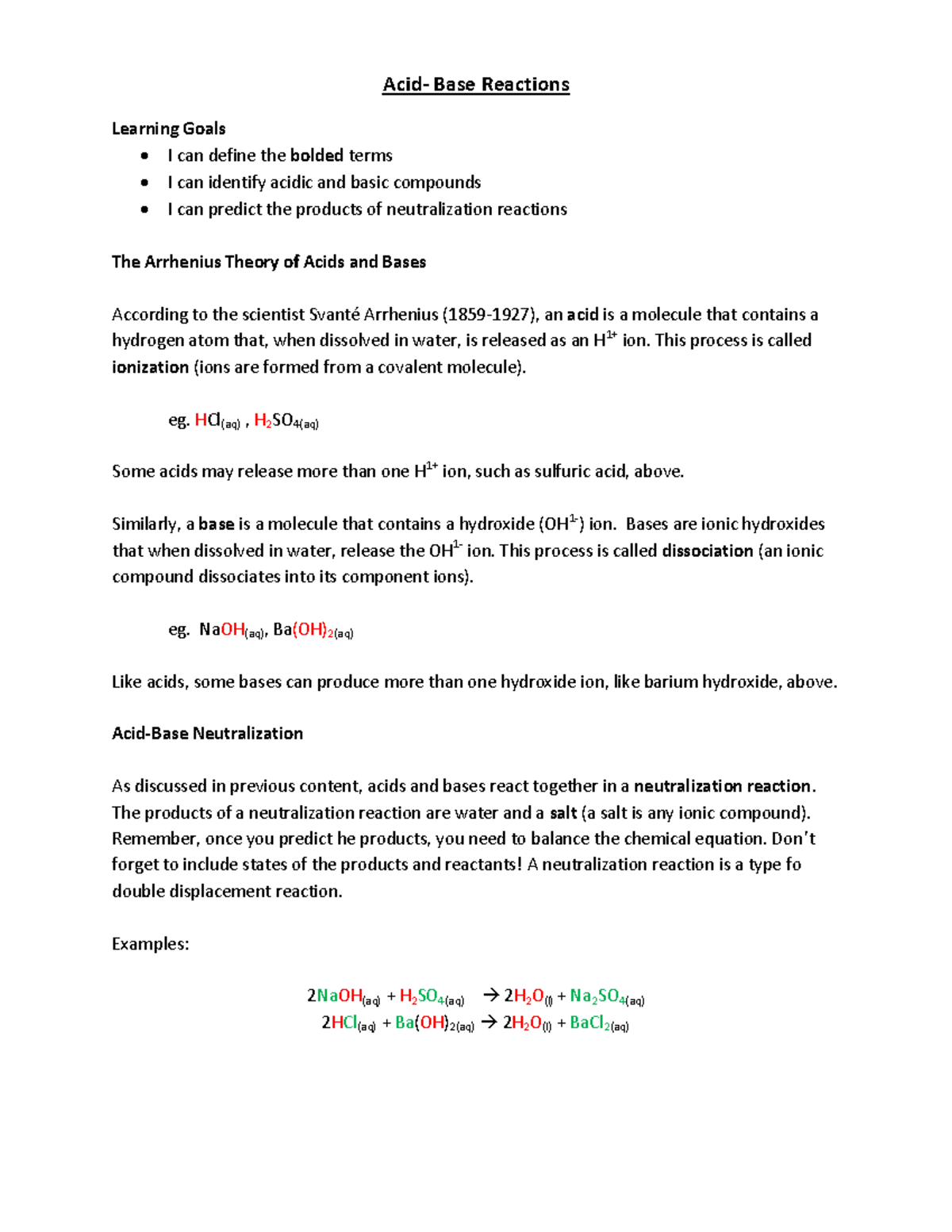 Acid-Base Reactions - Practice worksheet - Acid- Base Reactions ...