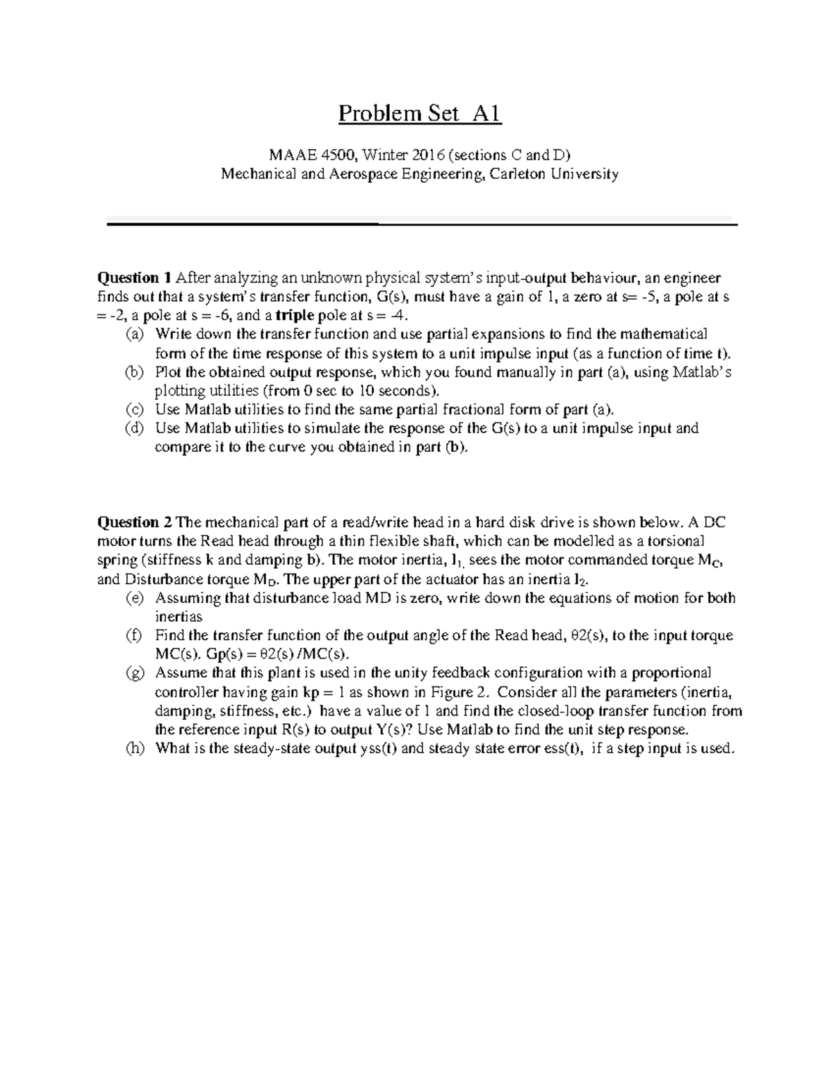 Problem Set A1 Assignment 1 Problem Set A1 Maae 4500 Winter 2016 Sections C And D