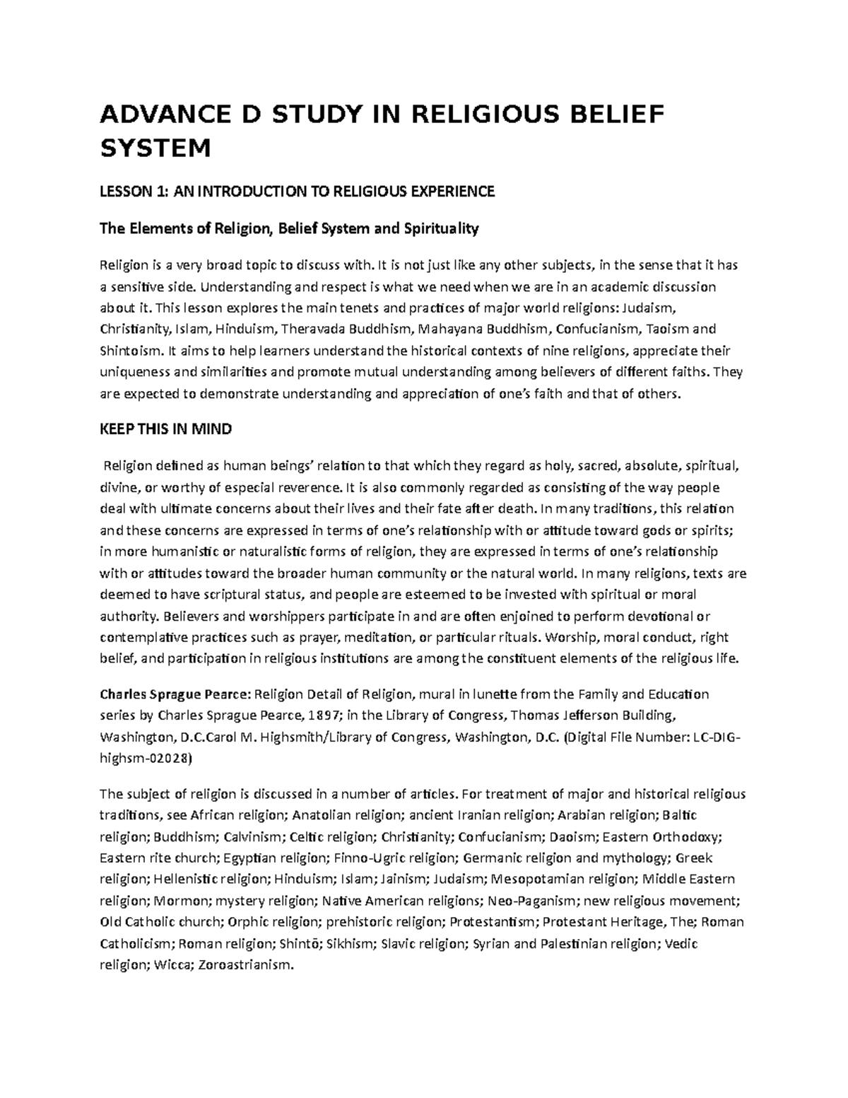 Advanced Study IN Religious Belief System Lesson 1 - ADVANCE D STUDY IN ...