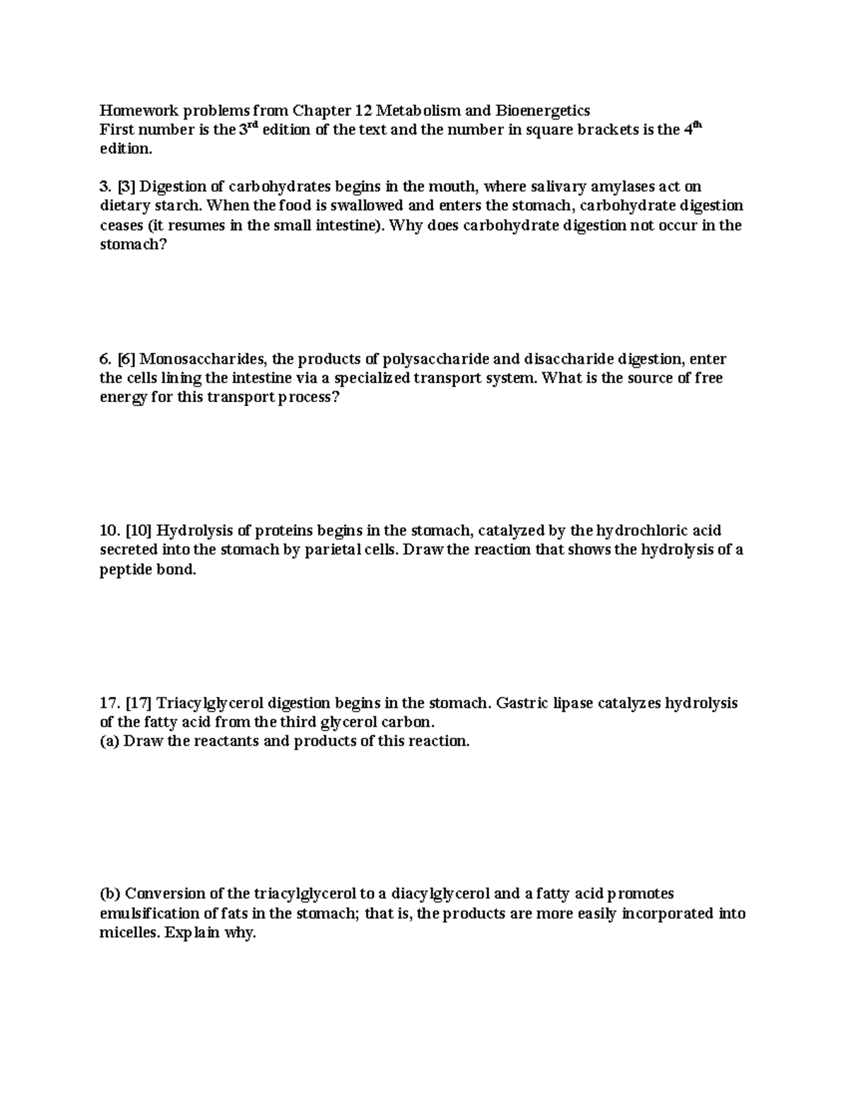 Homework for Chapter 12 - Homework problems from Chapter 12 Metabolism ...