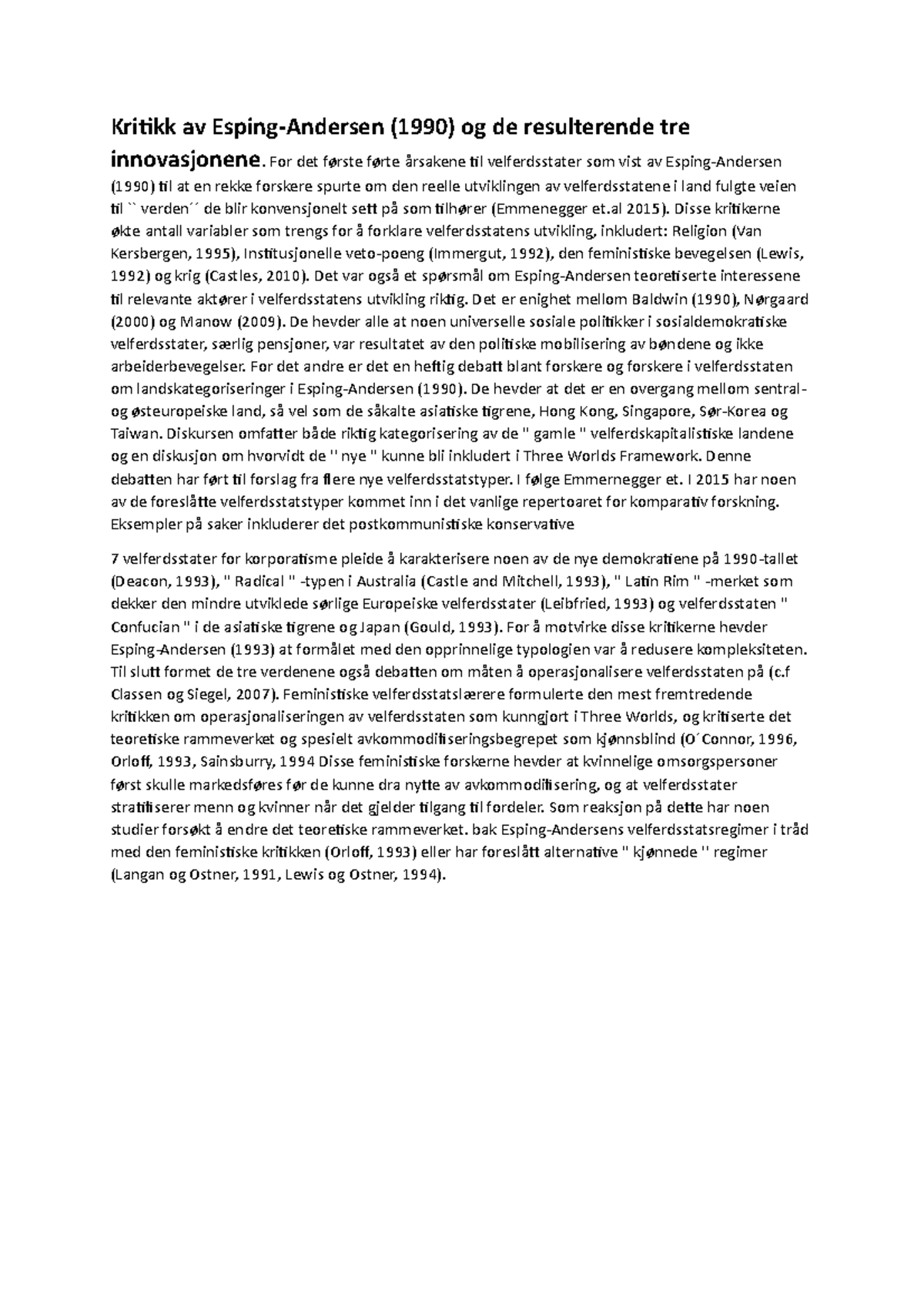 Esping Andersen Sammendrag - DEL 5 - Kritikk av Esping-Andersen (1990 ...