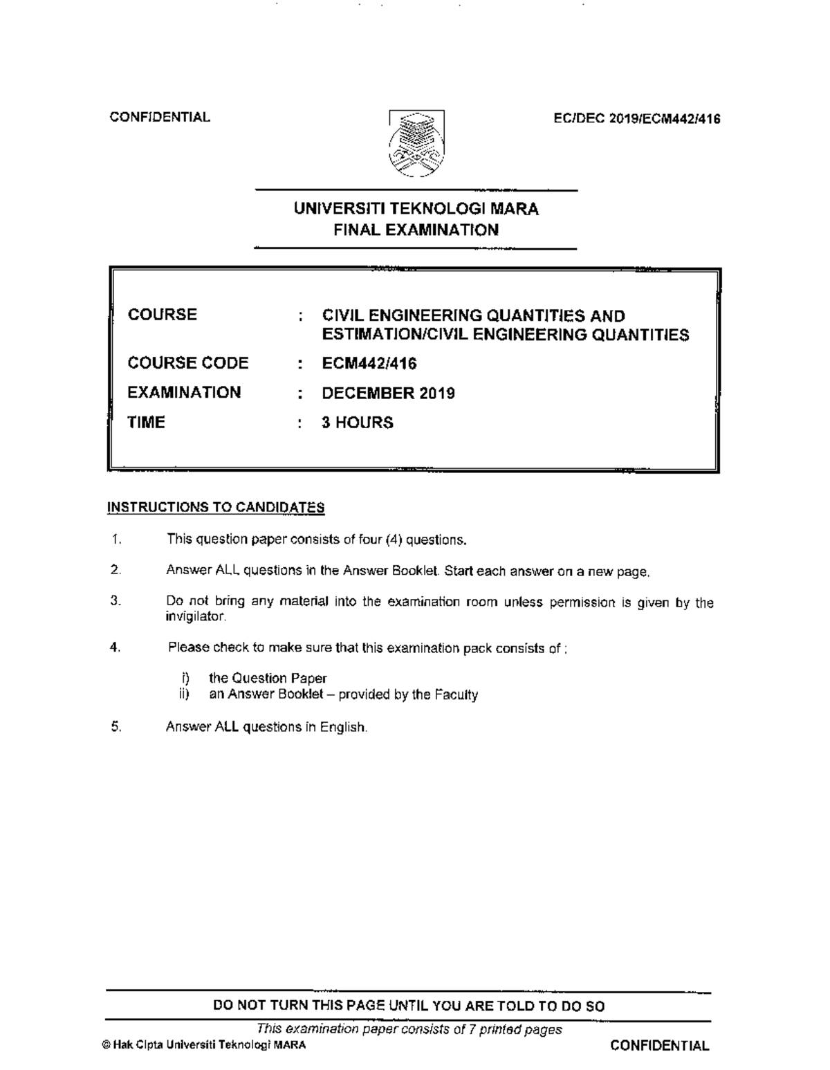 ECM442 416 DEC 2019 - Past year question civil engineering quantity and estimations - ff - Studocu