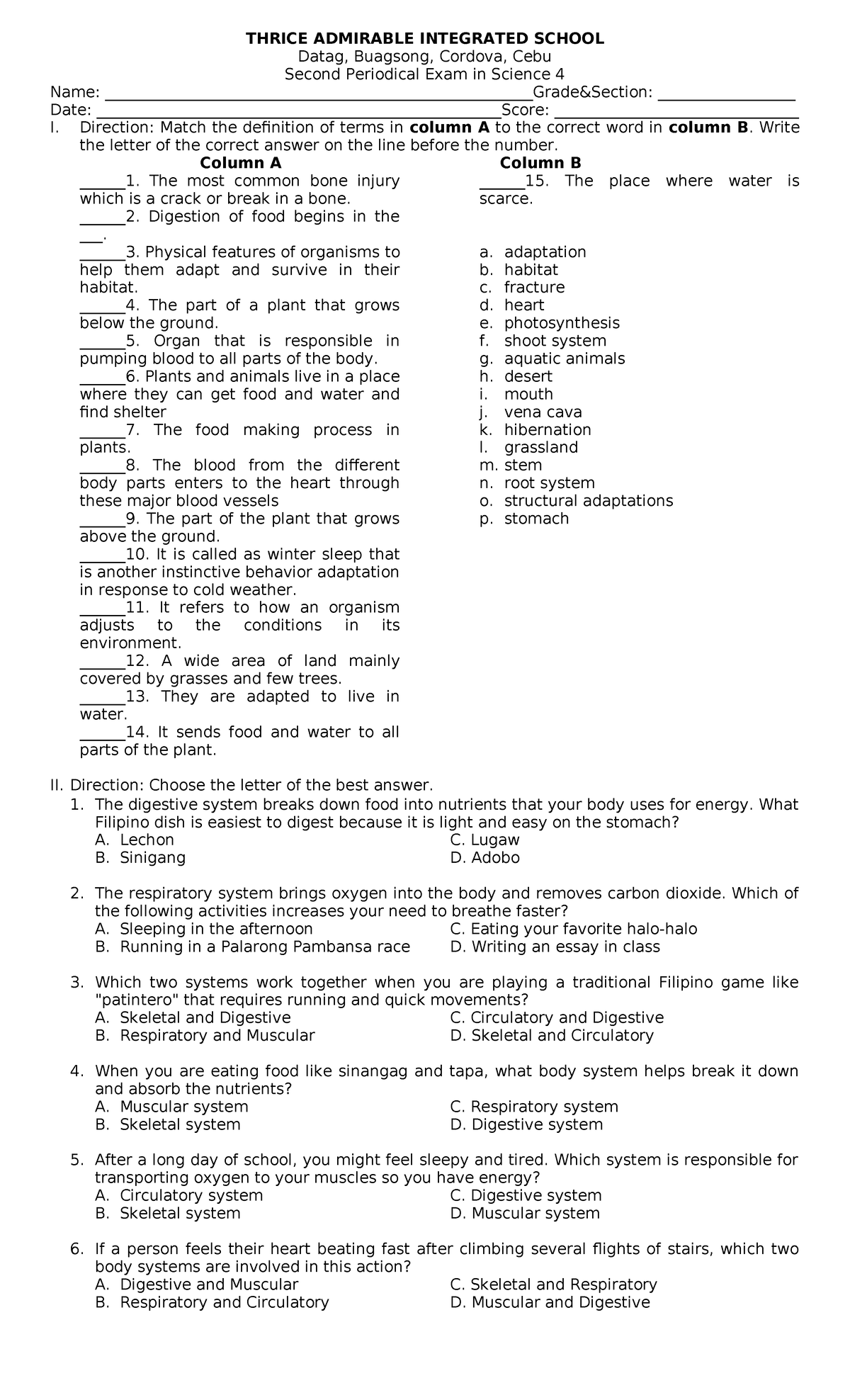 Second Periodical in Science 4 - THRICE ADMIRABLE INTEGRATED SCHOOL ...