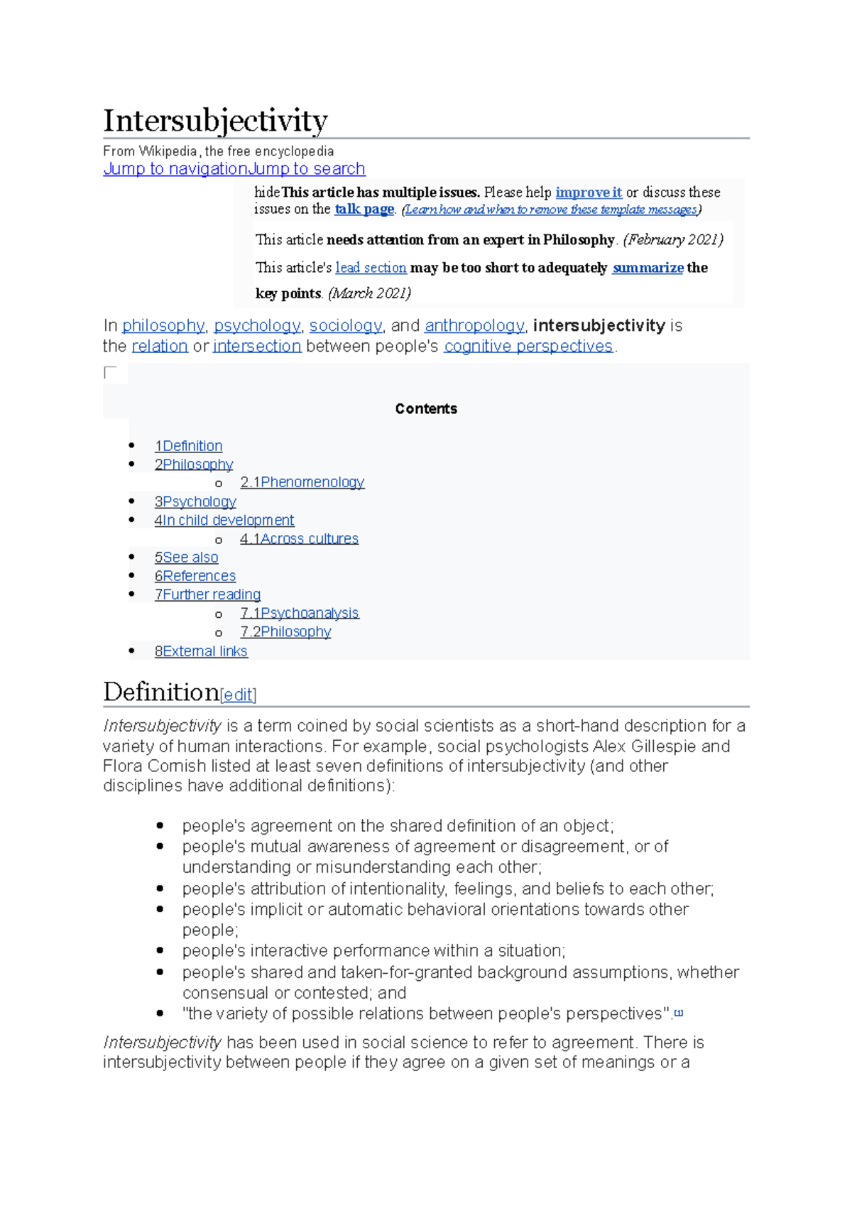 Intersubjectivity - Lecture notes Week 10 notes re: stas essay and the ...