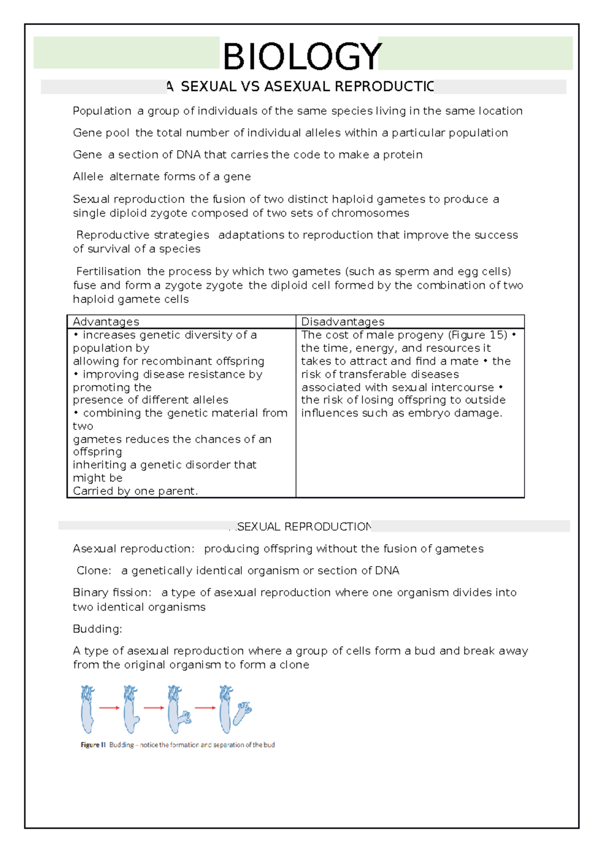 Biology notes sem 1 - 9A SEXUAL VS ASEXUAL REPRODUCTION Population a ...