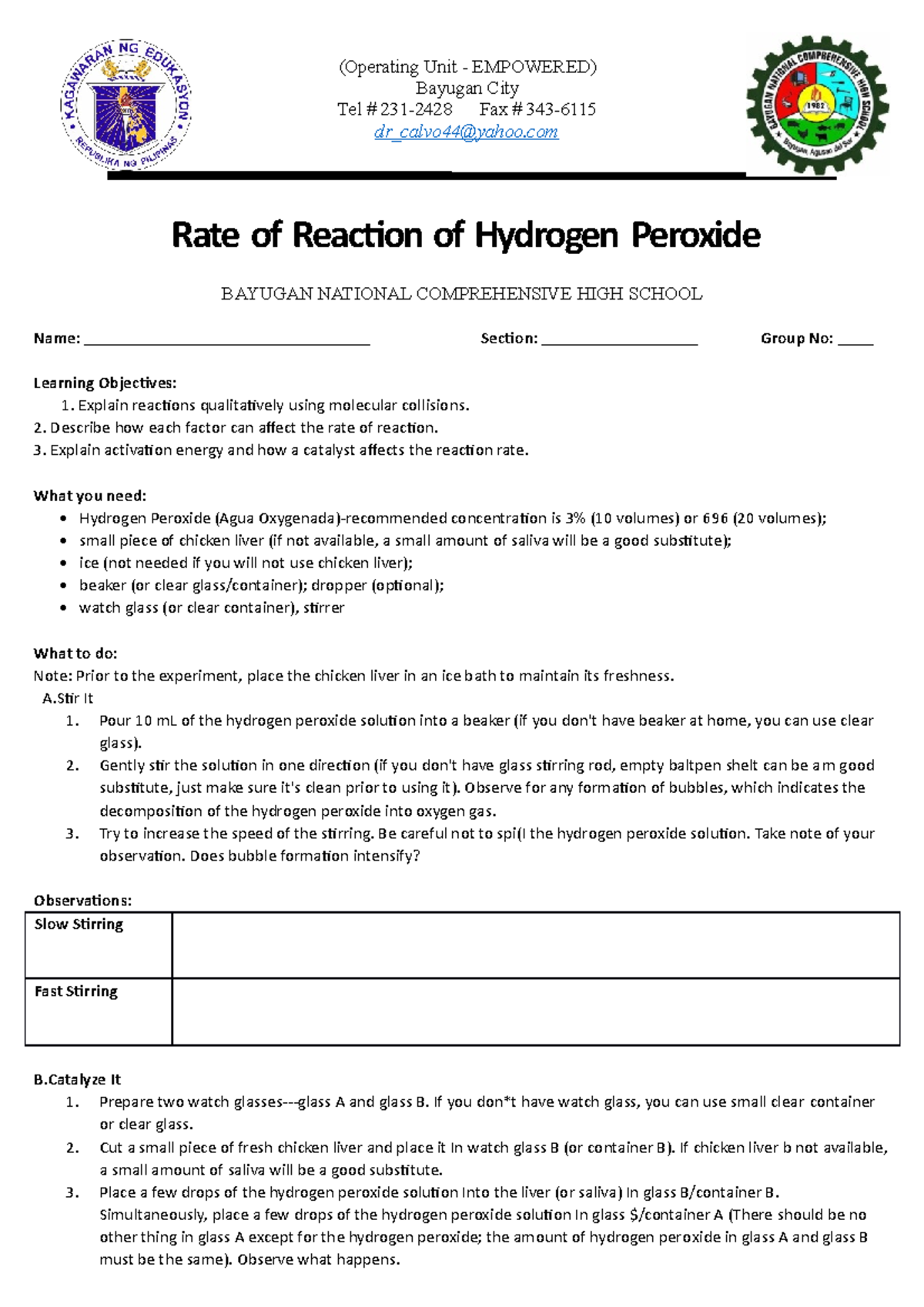 RATE OF Reaction H2O2 ACT Sheet - (Operating Unit - EMPOWERED) Bayugan ...