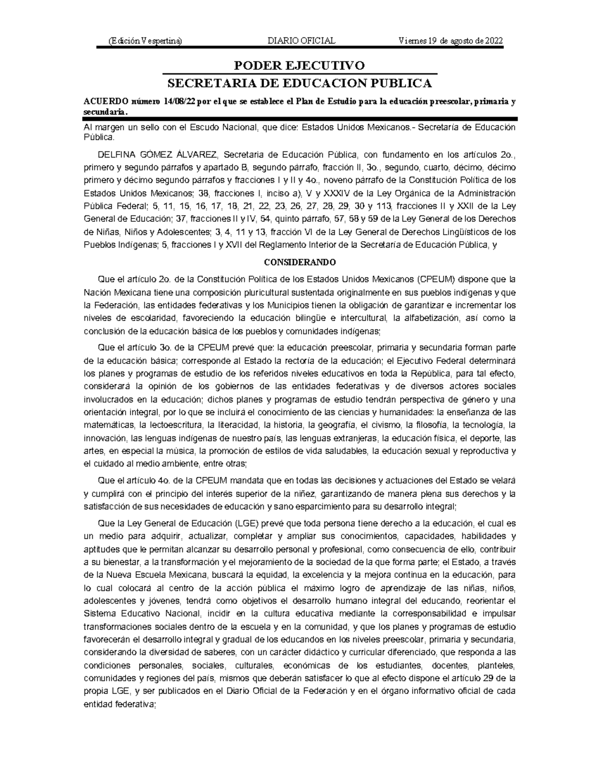 Acuerdo 14 08 22 - Repaso legislación educativa - (Edición Vespertina ...