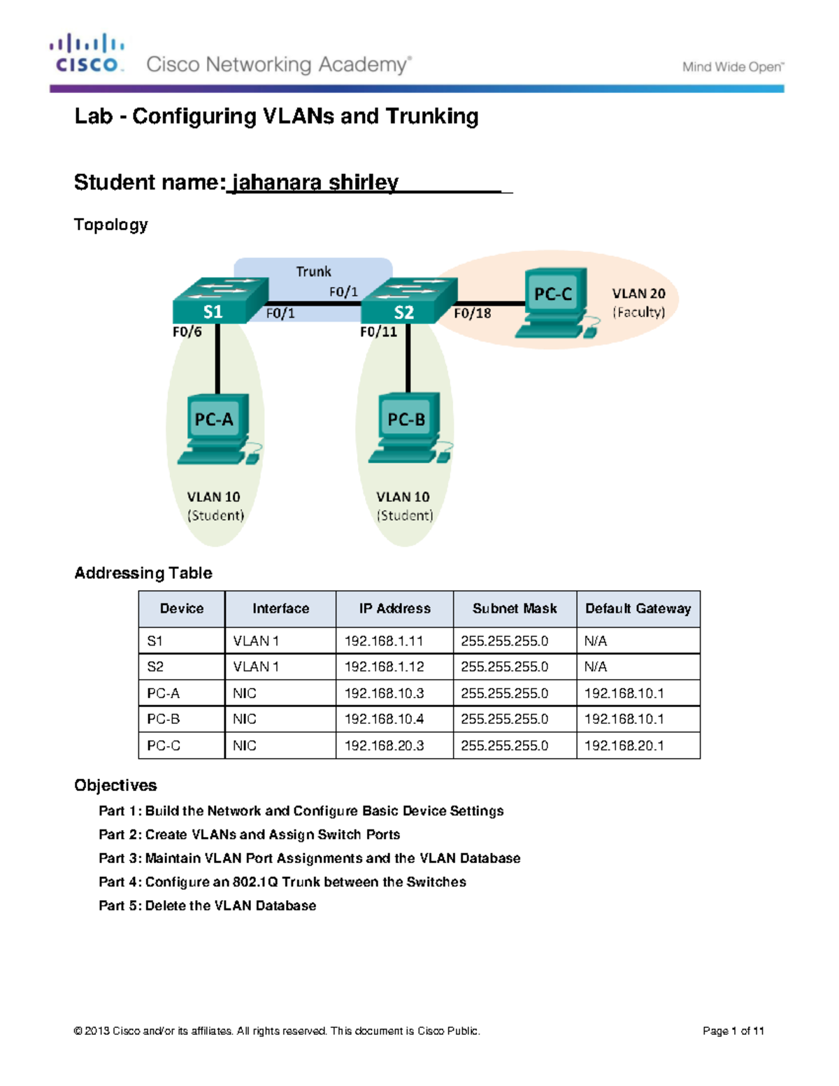 Jshirley 5 Lab 2 DHCPV4 - Student name: jahanara shirley _ Topology Addressing Table Device ...