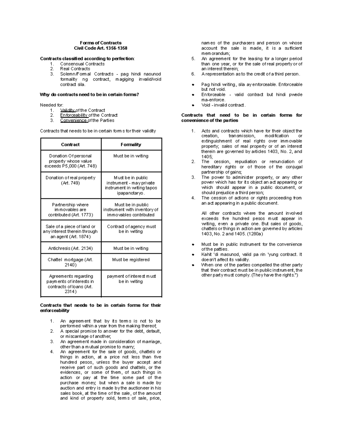 Forms and Reformation of Contracts - Forms of Contracts Civil Code Art. 1356- Contracts ...