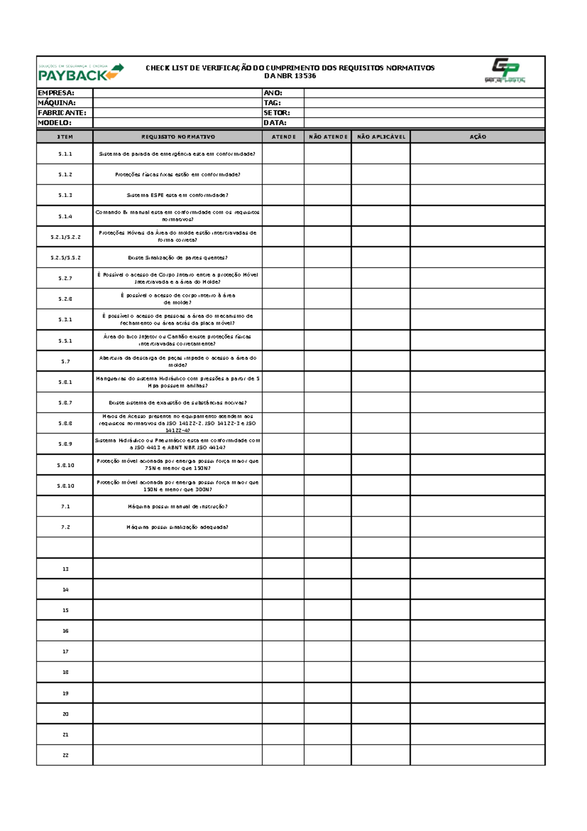 Check List 13536 - fefefef - EMPRESA: ANO: MÁQUINA: TAG: FABRICANTE ...