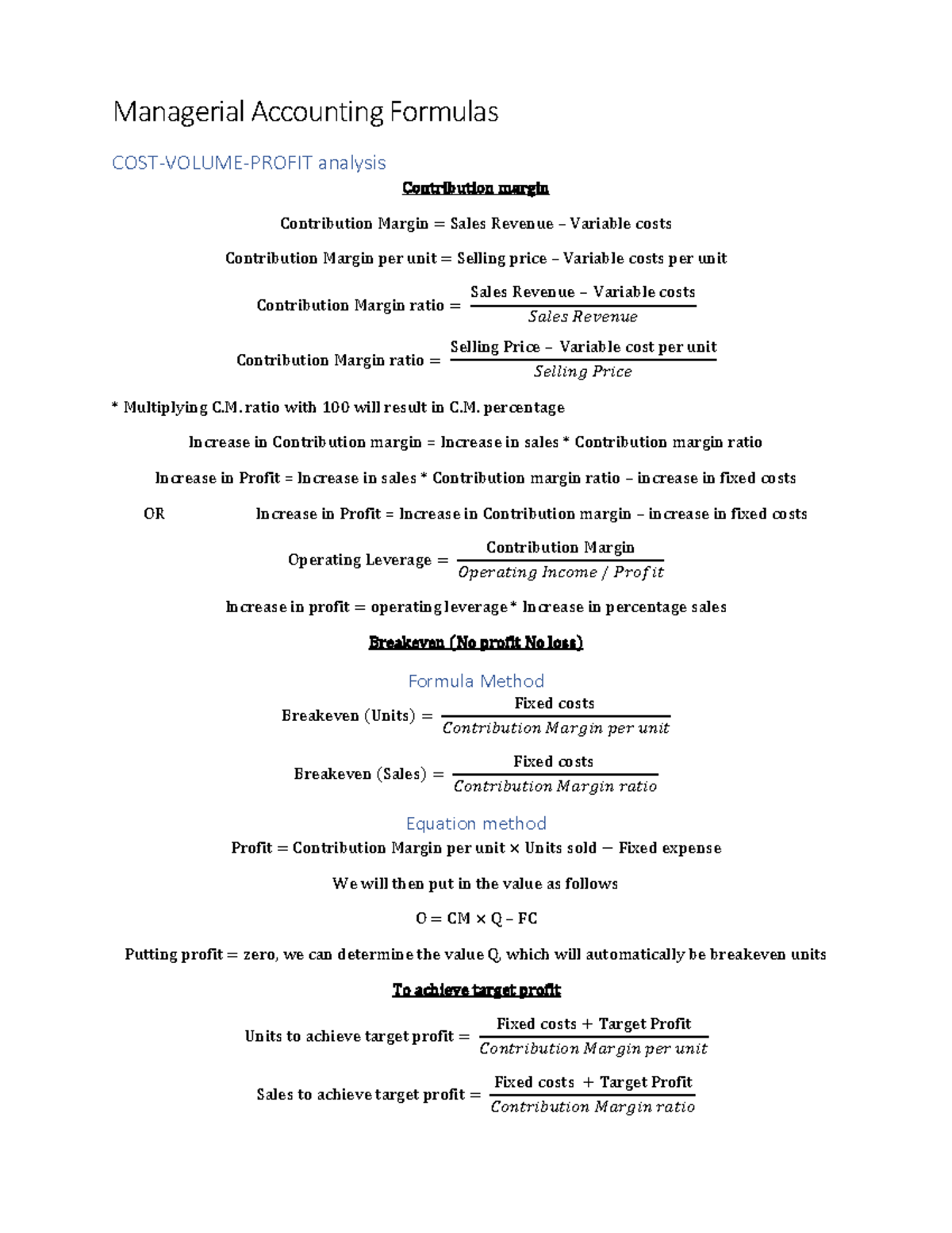 Managerial Accounting Formulas-1 - Managerial Accounting Formulas COST-VOLUME-PROFIT analysis ...