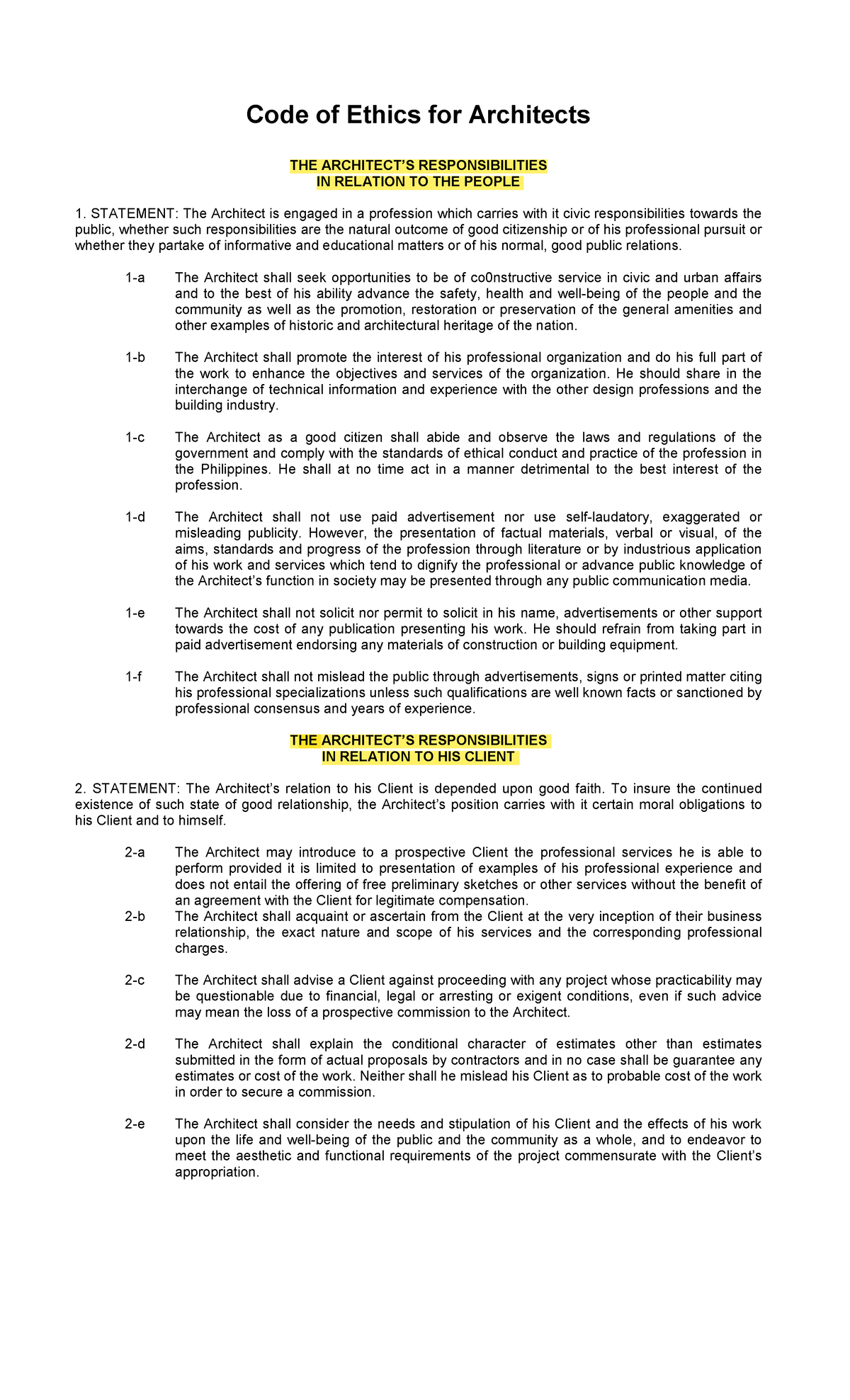 Code of Ethics - lecture notes - Code of Ethics for Architects THE ...