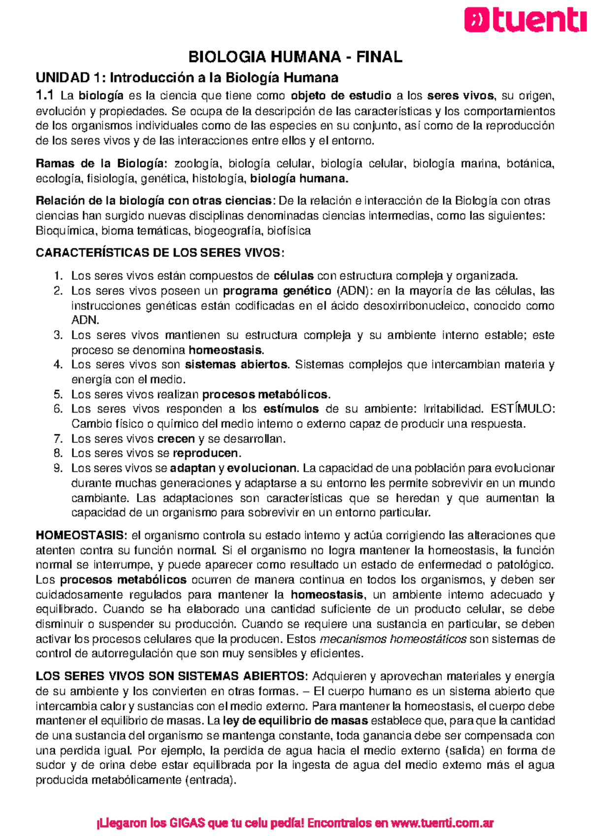 Resumen Final - BIOLOGIA HUMANA - FINAL UNIDAD 1: Introducción a la ...