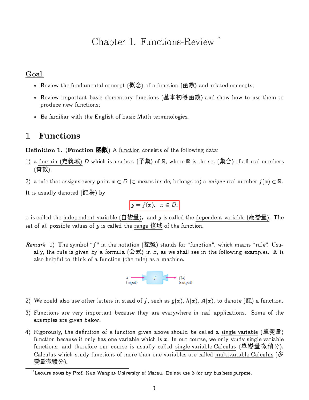 1. Functions-Review - Chapter 1. Functions-Review * Goal: Review the fundamental concept (概念) of ...