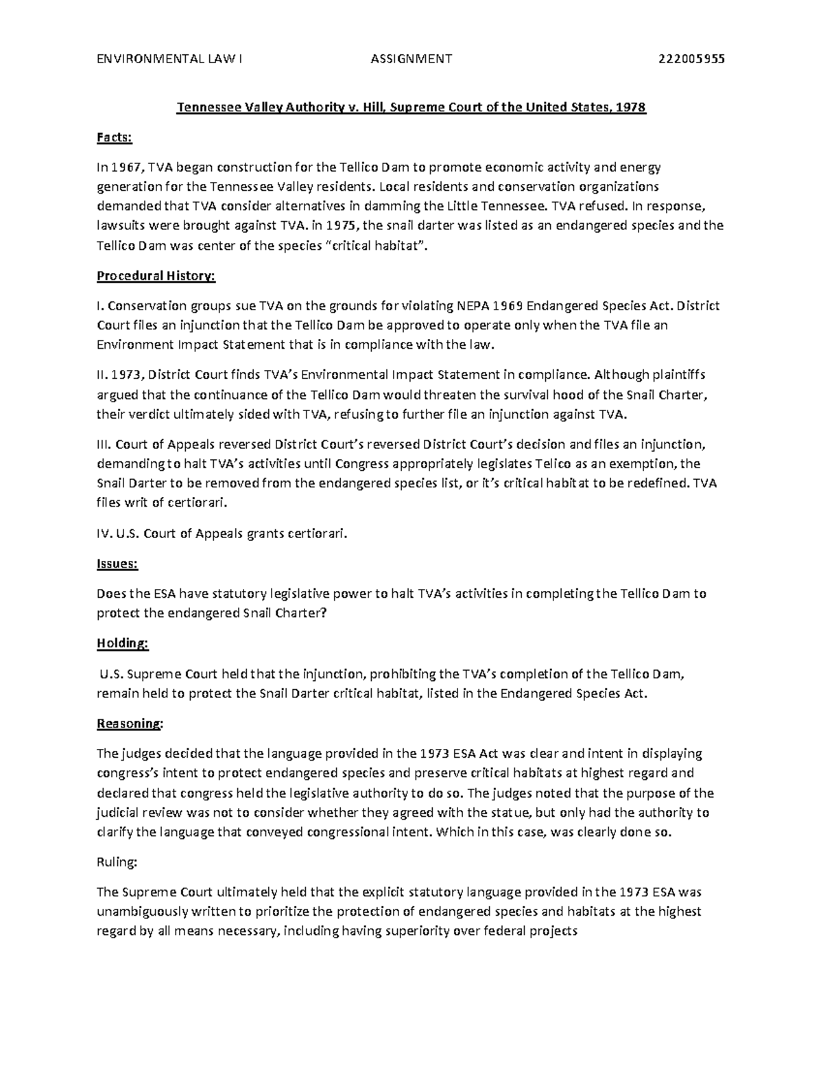 Tennessee Valley Authority v Hill - ENVIRONMENTAL LAW I ASSIGNMENT ...