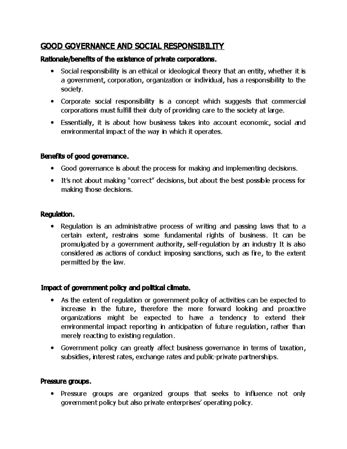 GOOD Governance Social Responsibility - GOOD GOVERNANCE AND SOCIAL RESPONSIBILITY Rationale ...