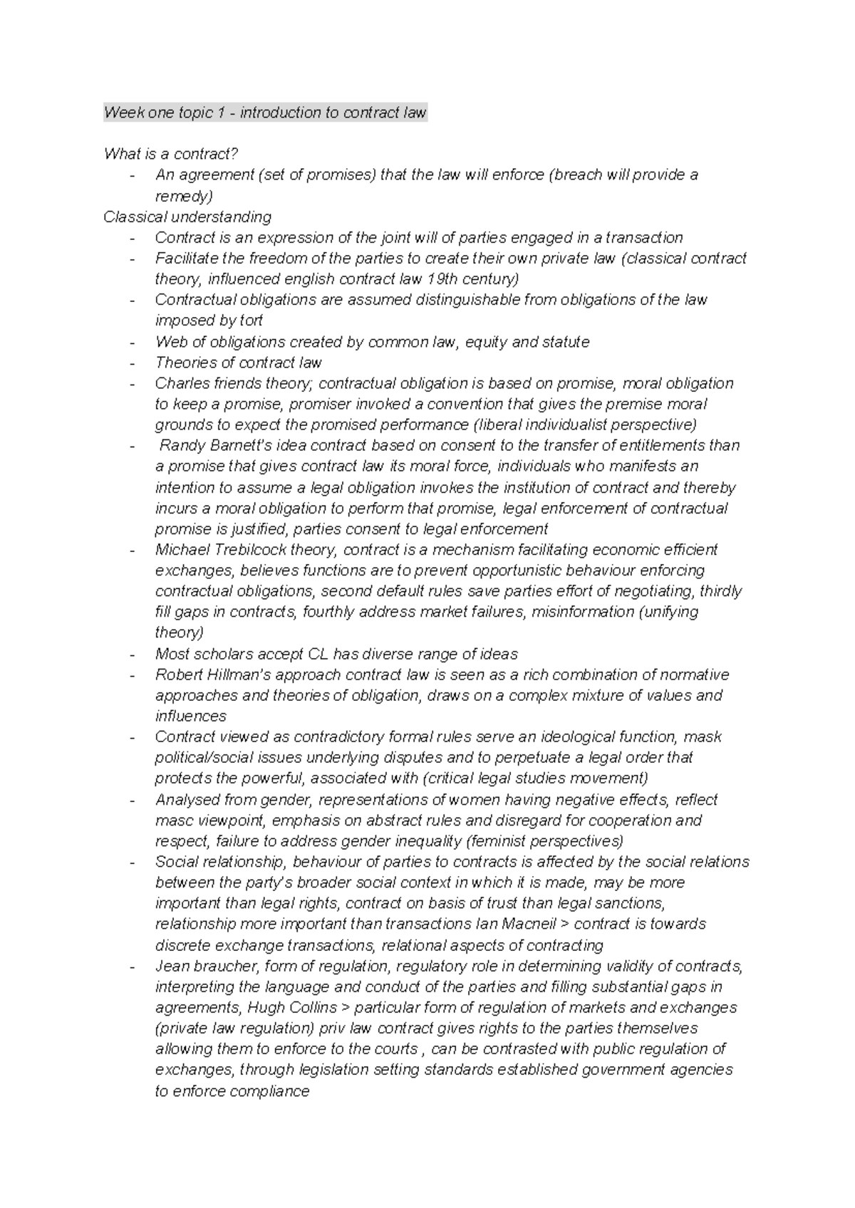 Week one topic 1 - introduction to contract law - Obligation to perform ...