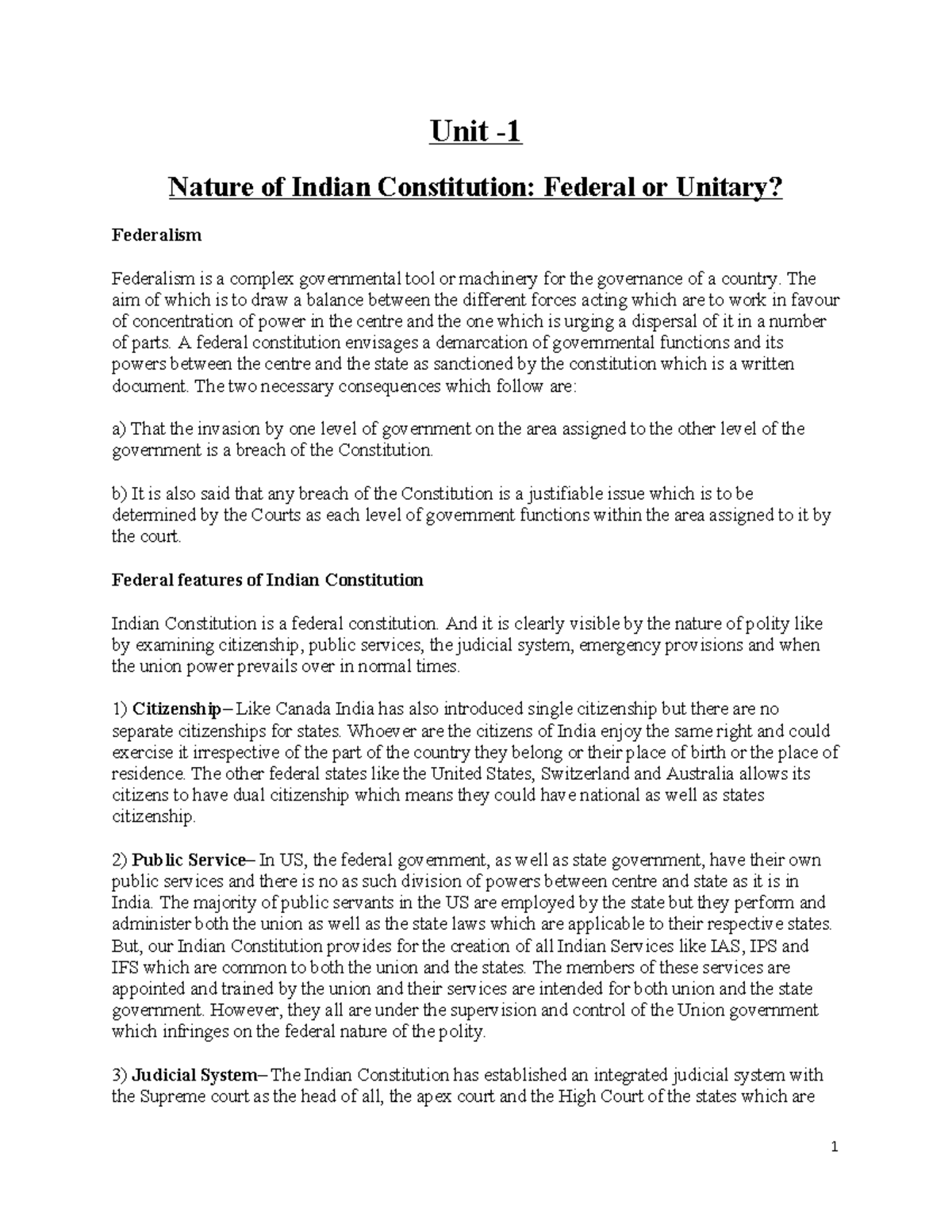 Constitution II-UNIT-I - Unit - Nature of Indian Constitution: Federal ...