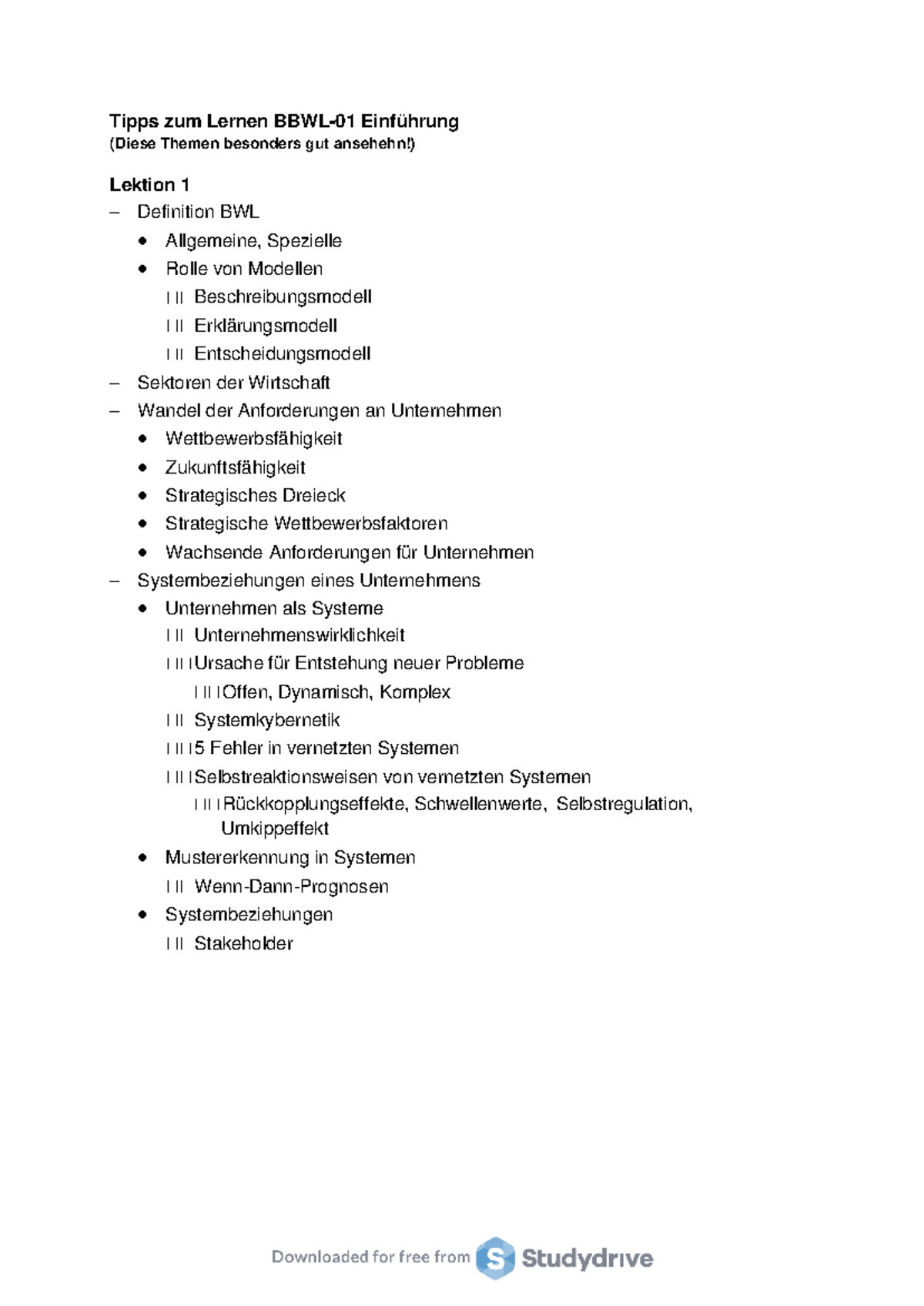 Stichpunkte zum lernen BBWL-01 Einführung - Tipps zum Lernen BBWL-01 ...