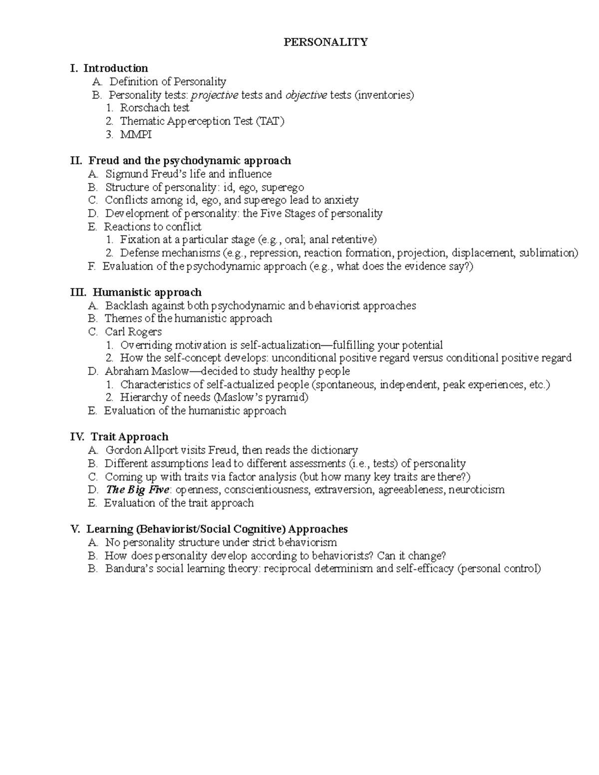 Personalities outline - Lecture notes 12 - PERSONALITY I. Introduction ...