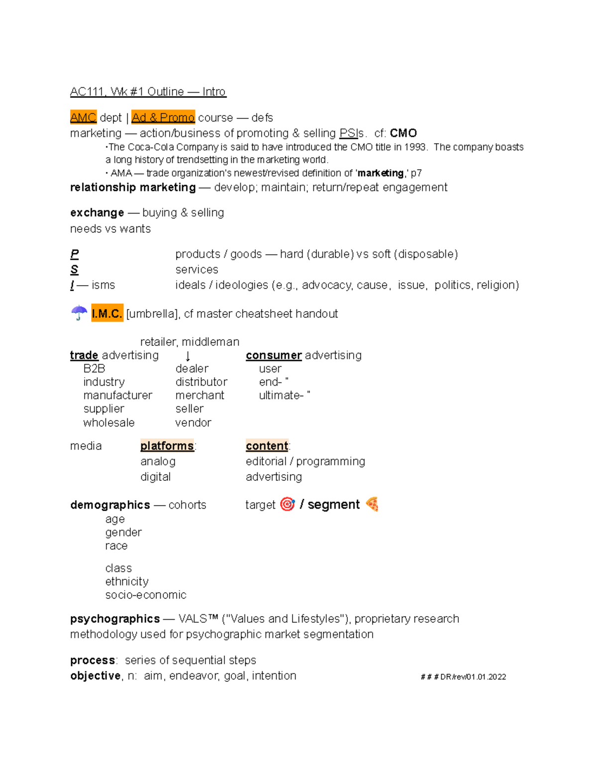 Wk #1, AC111 outline - AC111, Wk #1 Outline — Intro AMC dept | Ad ...