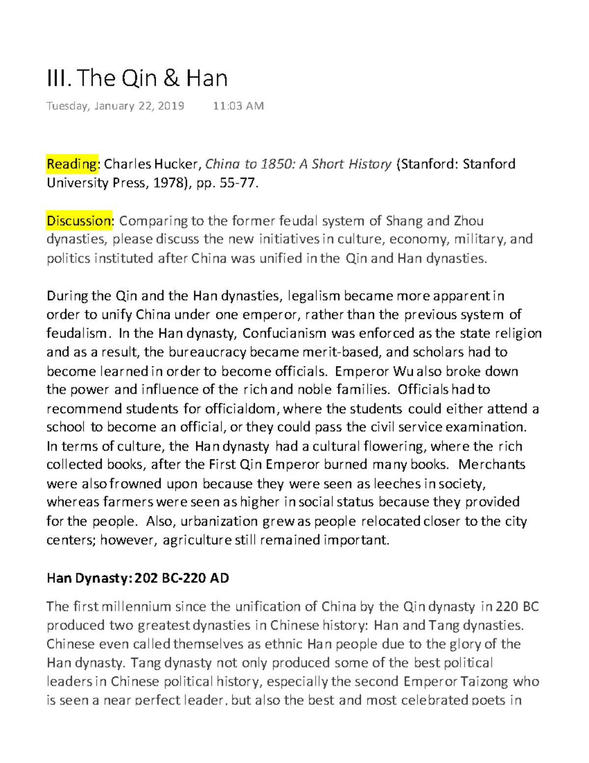III. The Qin & Han - Lecture notes 3 - Reading: Charles Hucker, China ...
