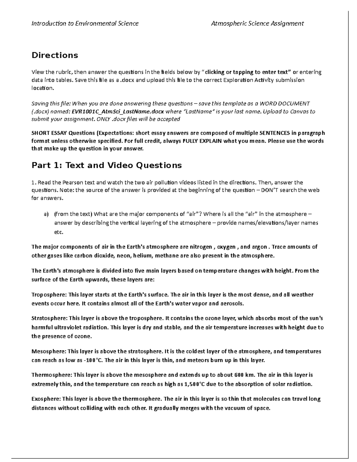 EVR1001C Atm Sci Wisniewski - Introduction to Environmental Science ...