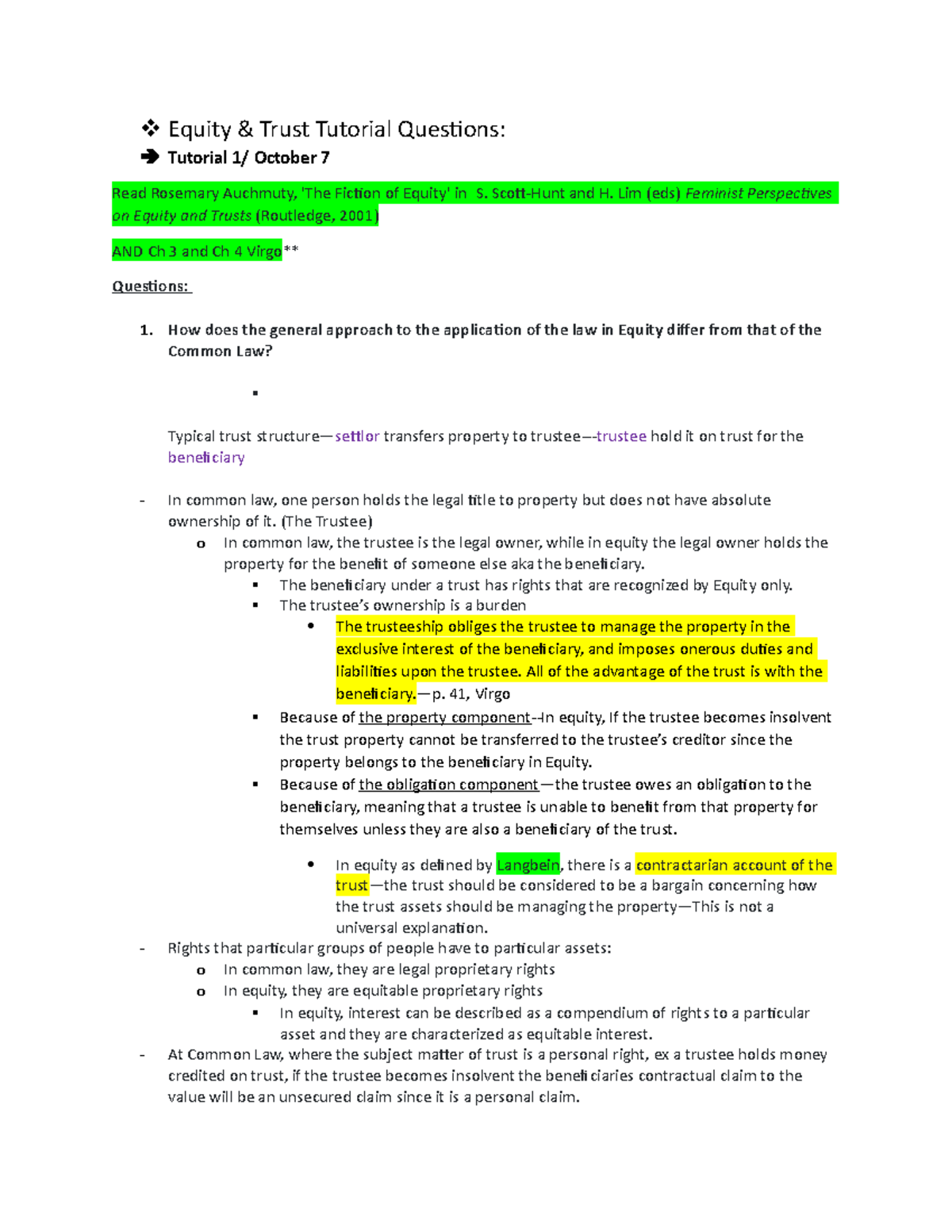 ET Tutorial 1 - Equity & Trust Tutorial Questions: Tutorial 1/ October 7 Read Rosemary - Studocu