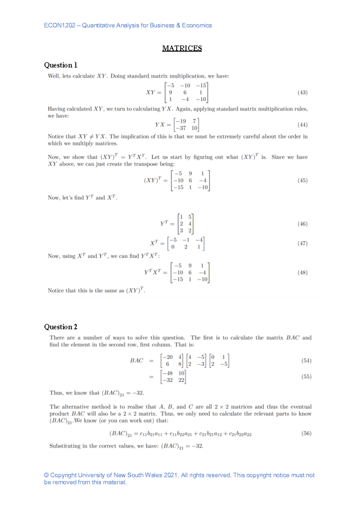 ECON1202 Matrices Practice Questions - Solutions - ECON1202 ...