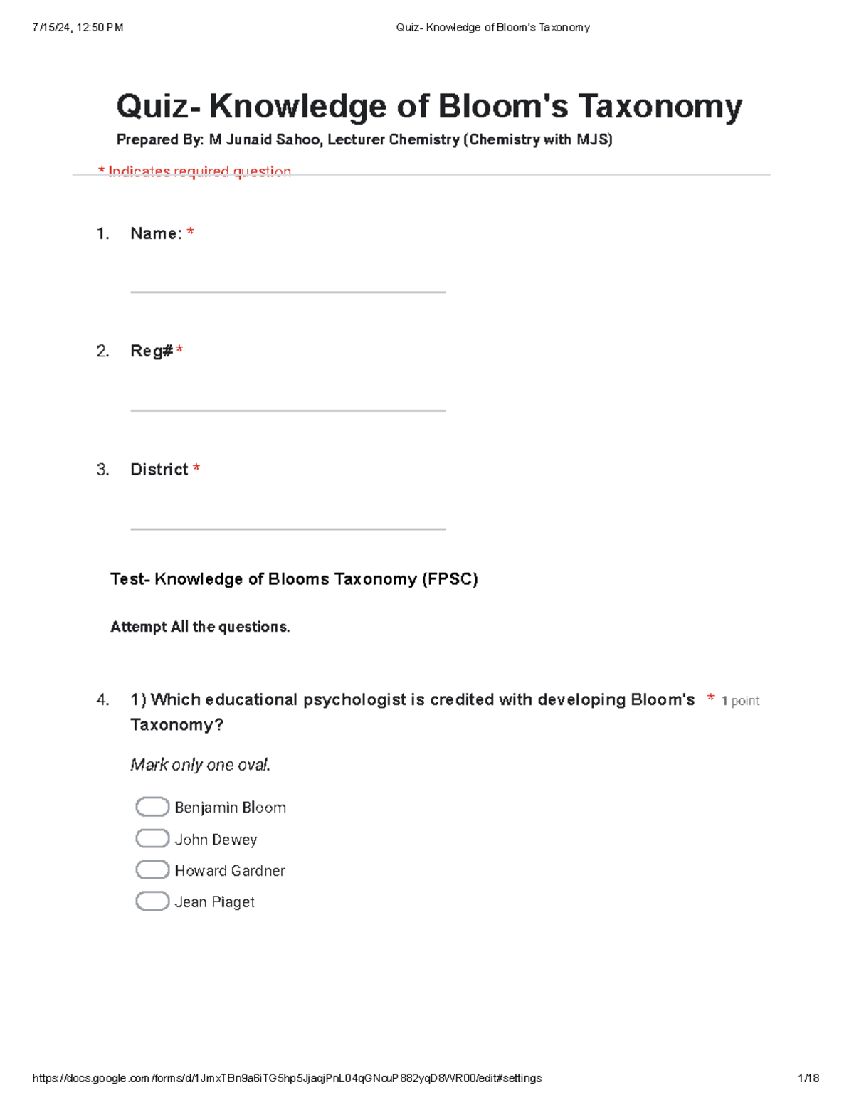 Quiz-Knowledge of Bloom's Taxonomy - Without KEY - 1. 2. 3. Test ...