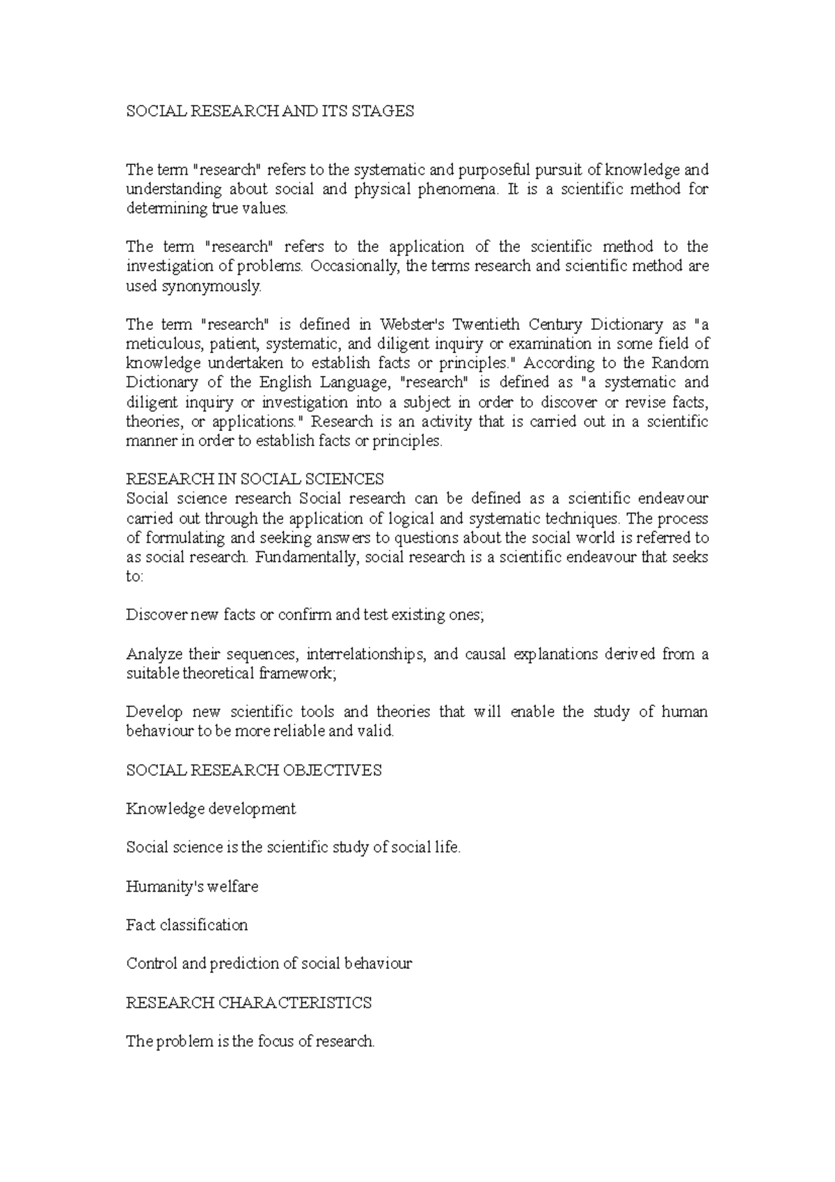 Social Research AND ITS Stages - SOCIAL RESEARCH AND ITS STAGES The ...