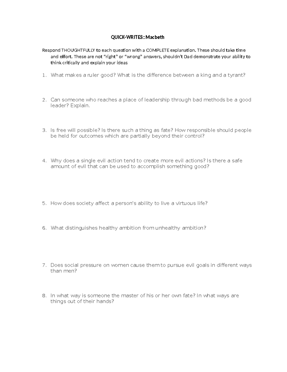 Document - doc - QUICK-WRITES::Macbeth Respond THOUGHTFULLY to each ...