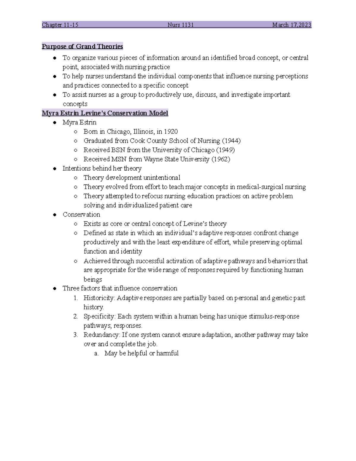 Nursing Notes Chapter 11-15 - Purpose of Grand Theories To organize ...