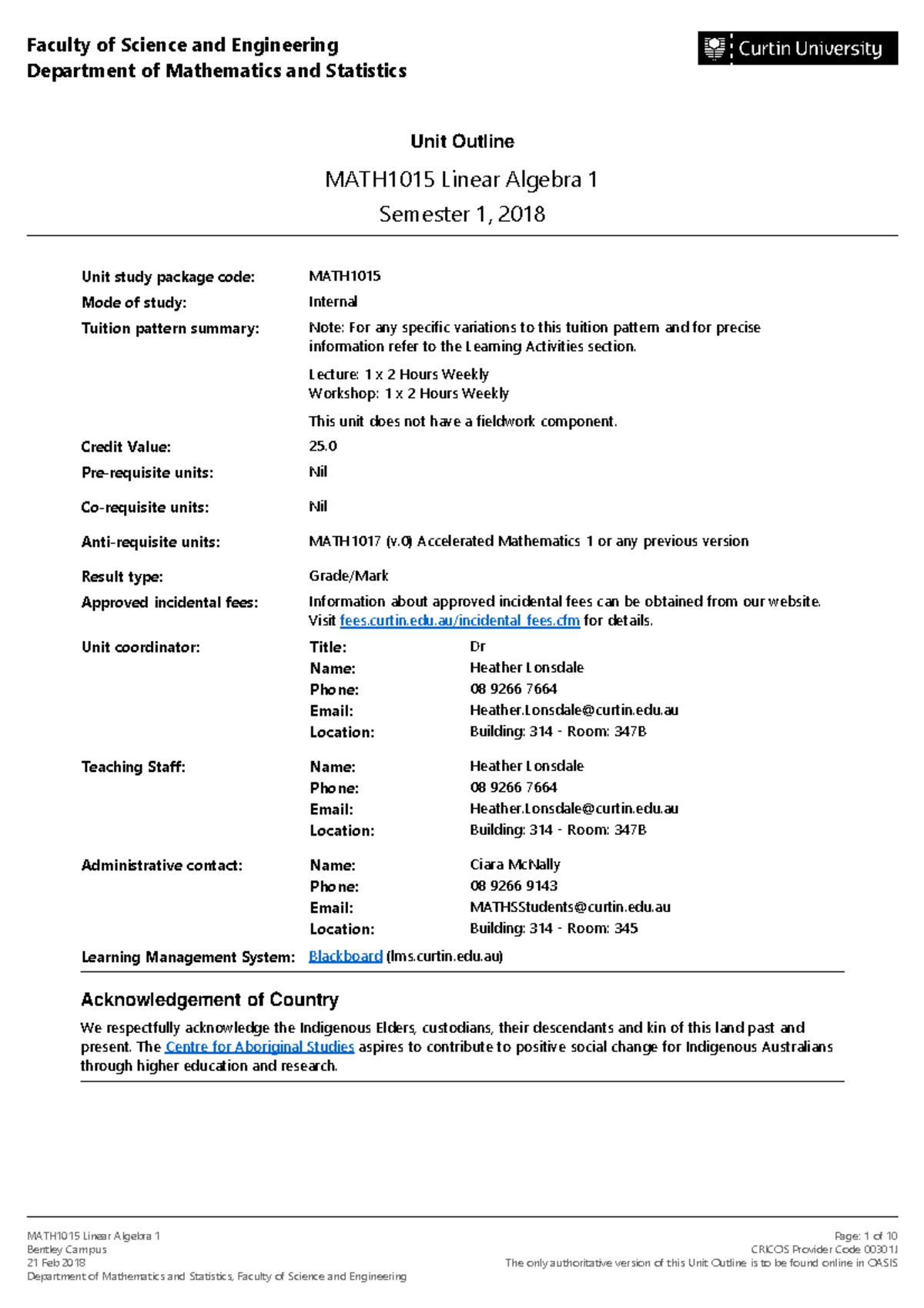 MATH1015 Linear Algebra 1 Semester 1 2018 Bentley Campus INT Unit ...