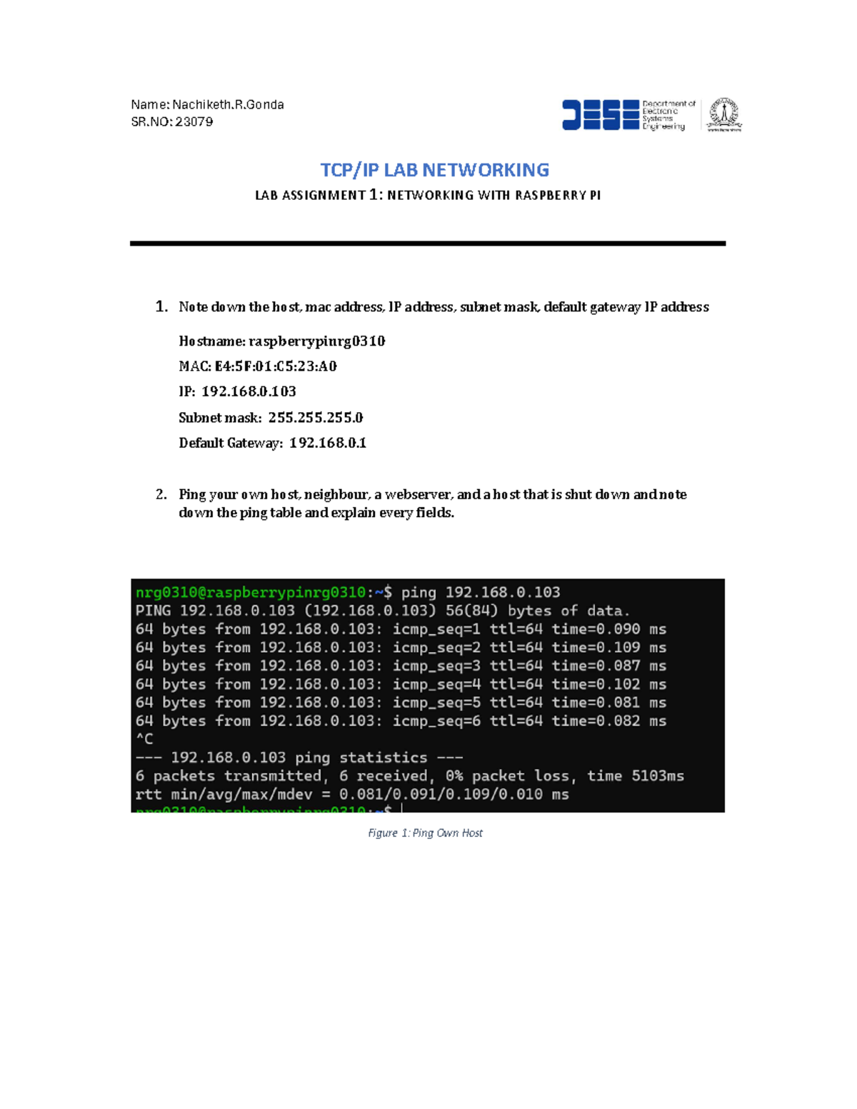 Nachiketh RG 23079 LAB 1 - Name: Nachiketh.R SR: 23079 TCP/IP LAB NETWORKING LAB ASSIGNMENT 1 ...