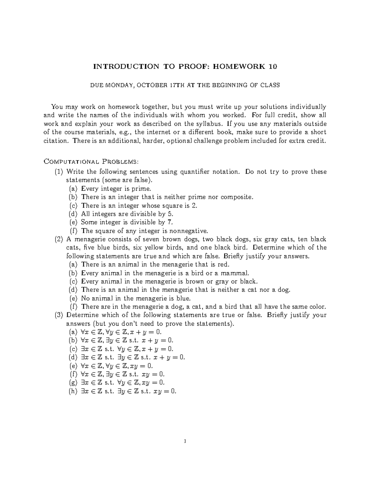 Homework 10 - INTRODUCTION TO PROOF: HOMEWORK 10 DUE MONDAY, OCTOBER ...