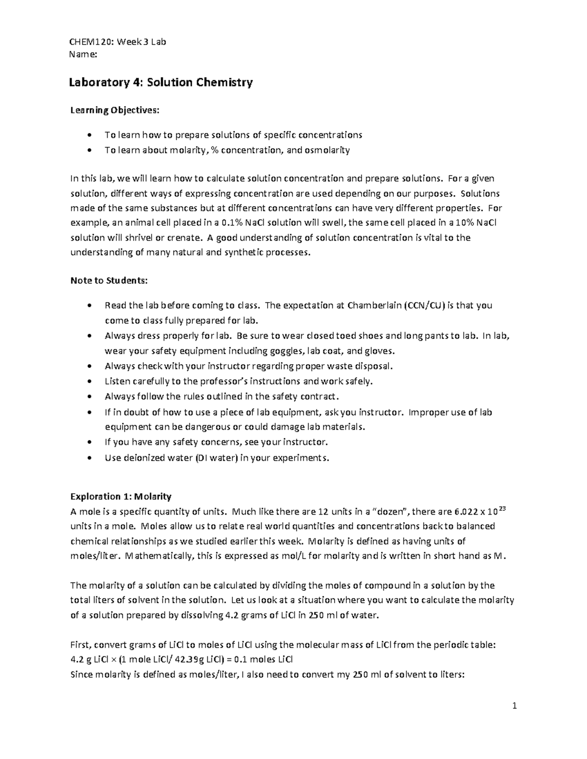 Lab4 Solution Chemistry -1 - Name: Laboratory 4: Solution Chemistry ...