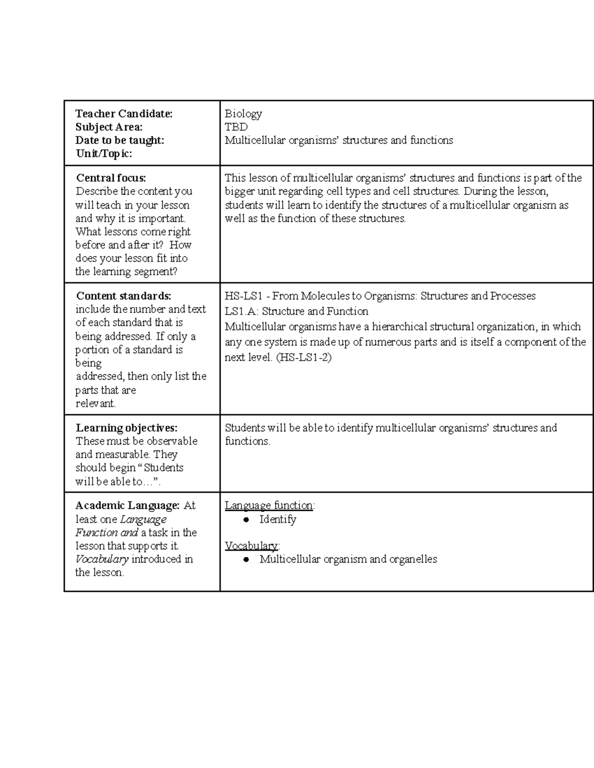 UDL SPED Lesson Plan Revised - Multicellular Organisms Structure and ...