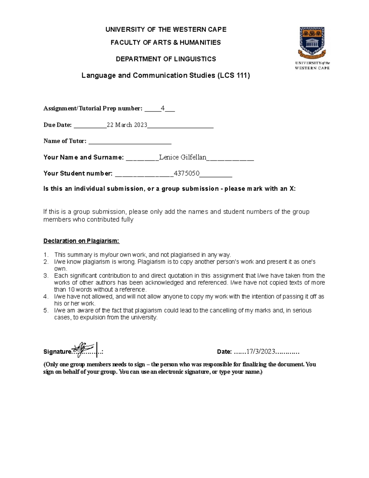 LCS TUT 4 (22 March 2023) - UNIVERSITY OF THE WESTERN CAPE FACULTY OF ARTS & HUMANITIES - Studocu