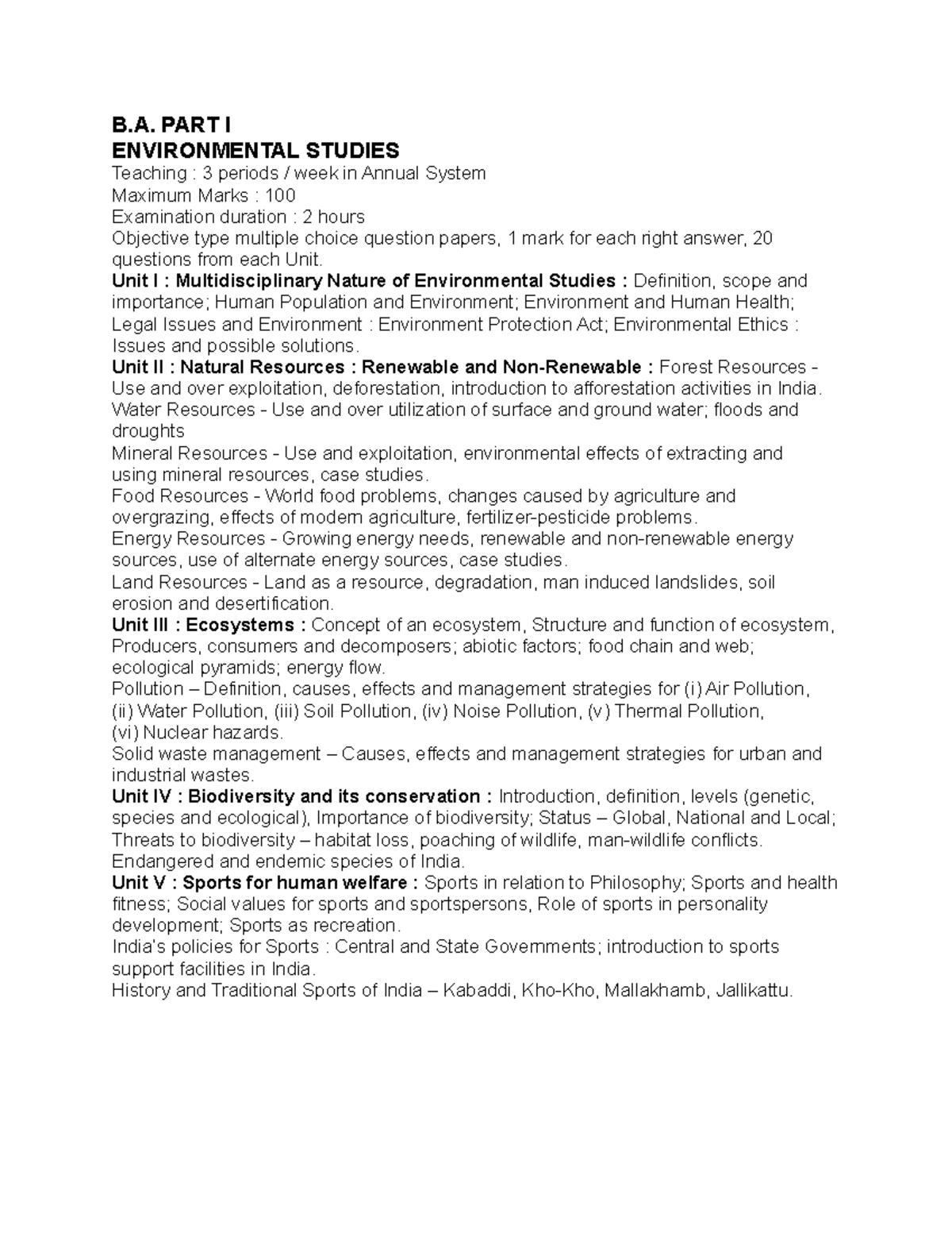 Environmental Ba 1st Year Jnvu Syllabus For Ba 1st 2nd And 3rd B