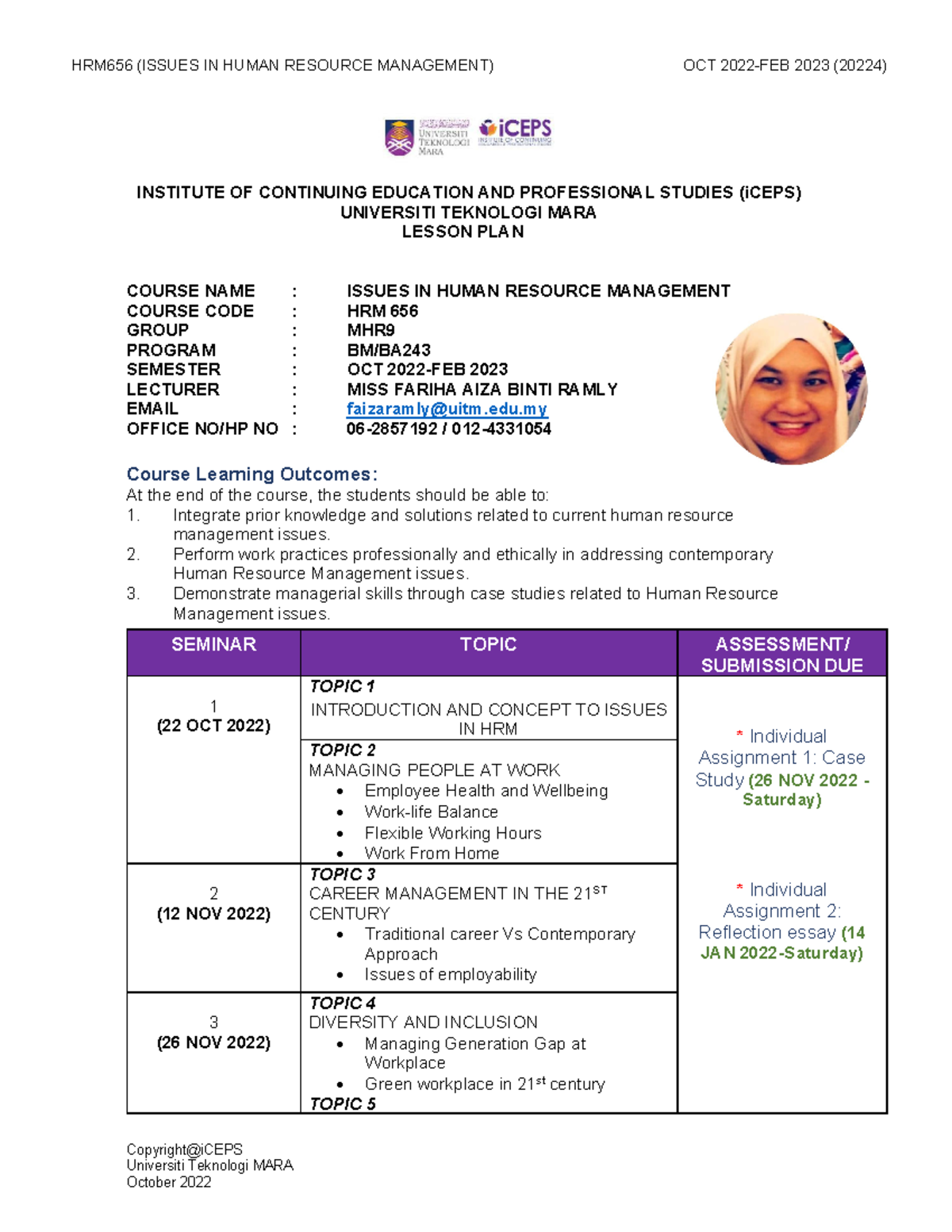 Lesson PLAN FOR SEM OCT 2022-FEB 2023 Iceps HRM656 - Copyright@iCEPS ...