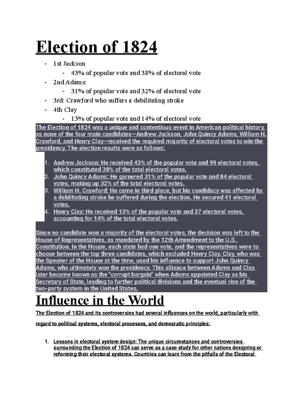 Election of 1824 influence in the world key questions - Election of ...